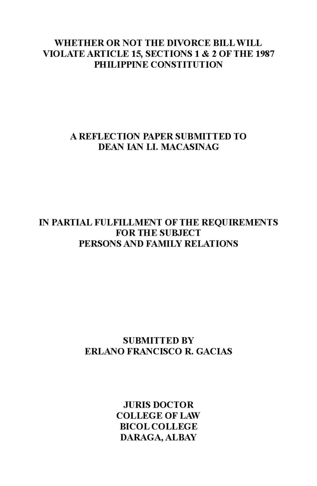 Whether OR NOT THE Divorce BILL WILL Violate Article 15 - WHETHER OR ...
