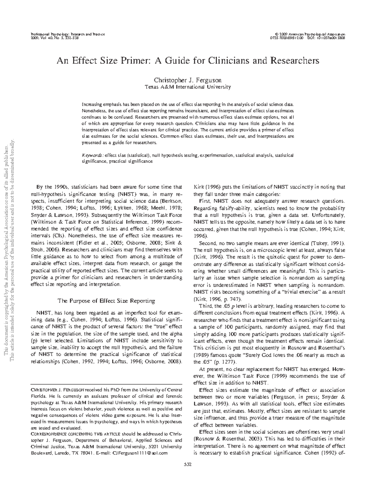 Ferguson. 2009 . An effect size primer - An Effect Size Primer: A Guide ...