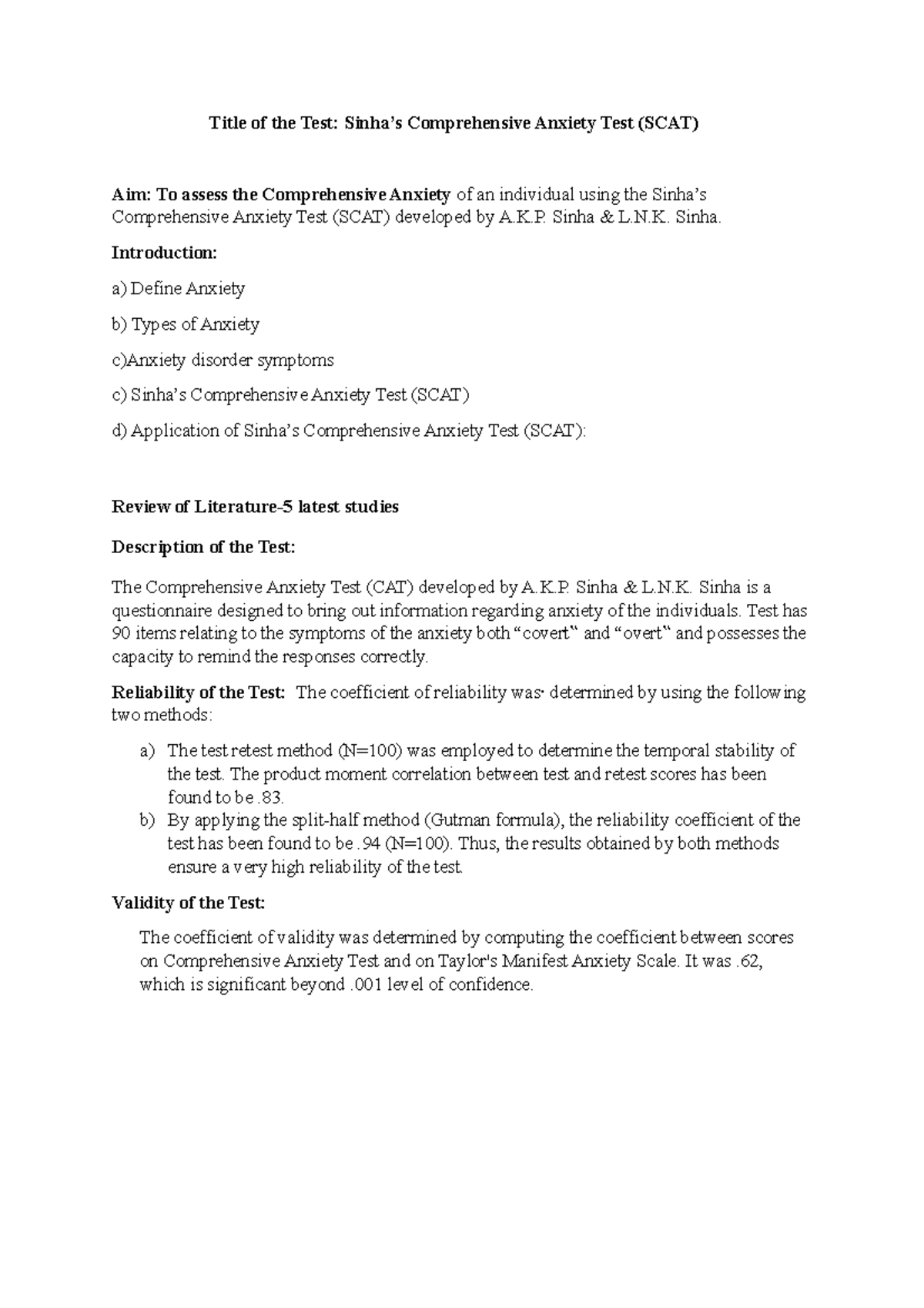 Prac 2 SCAT revised - scat - Title of the Test: Sinha’s Comprehensive ...