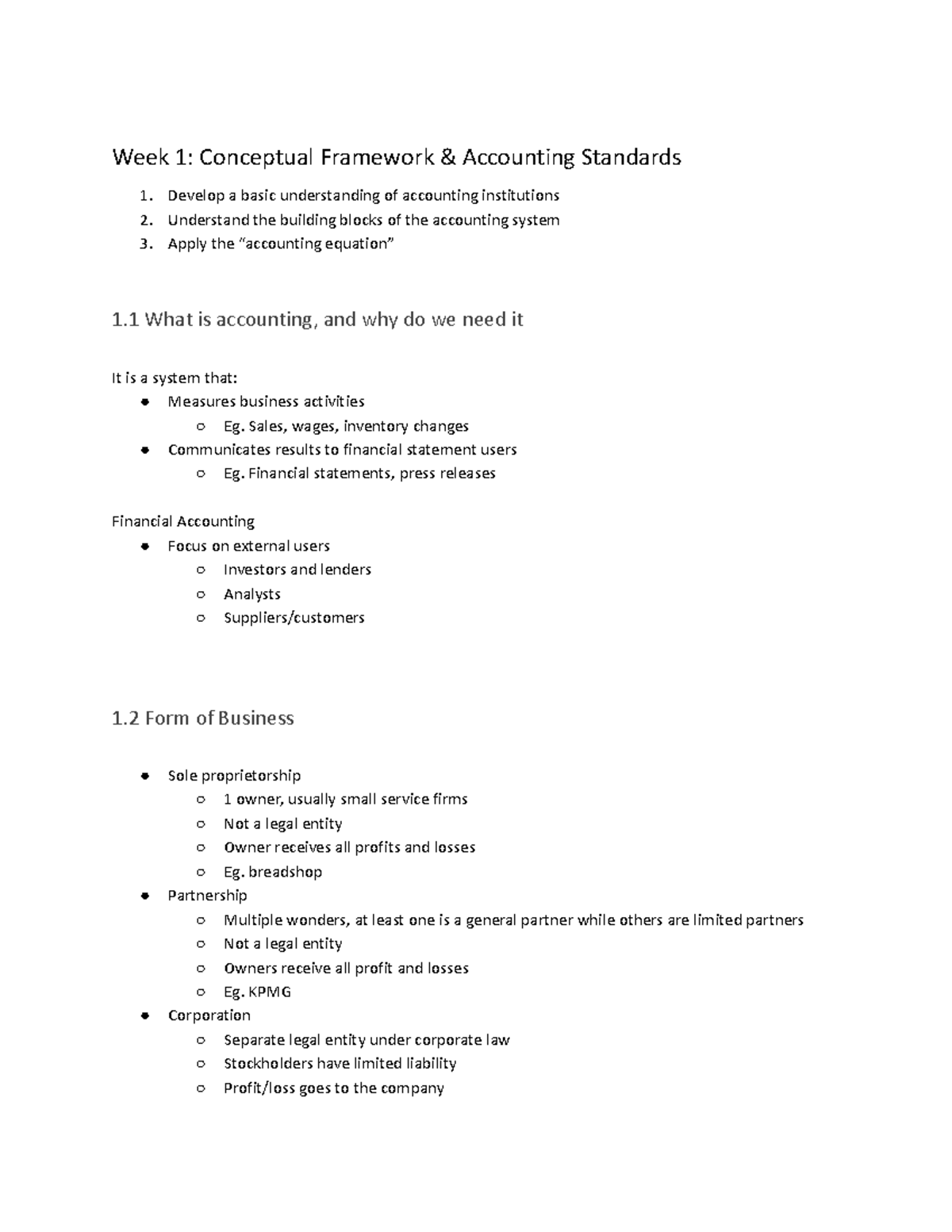Financial Accounting - notes - Week 1: Conceptual Framework ...