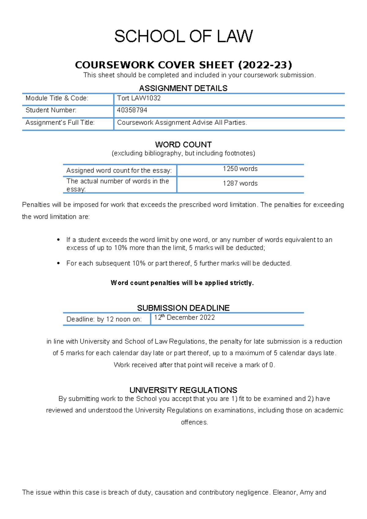Tort law coursework negligence - SCHOOL OF LAW COURSEWORK COVER SHEET ...