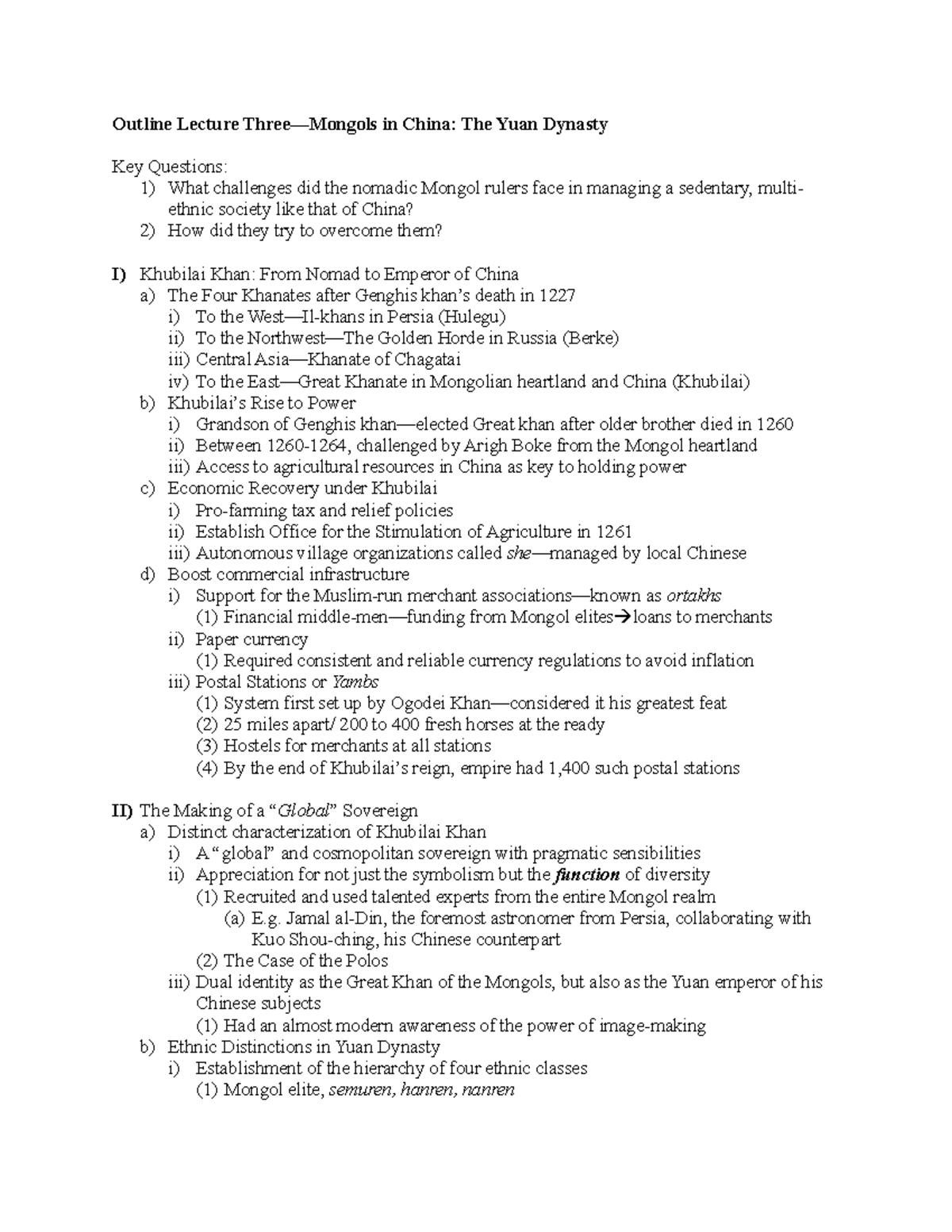Outline Lecture Three—Mongols in China- The Yuan Dynasty - Outline ...