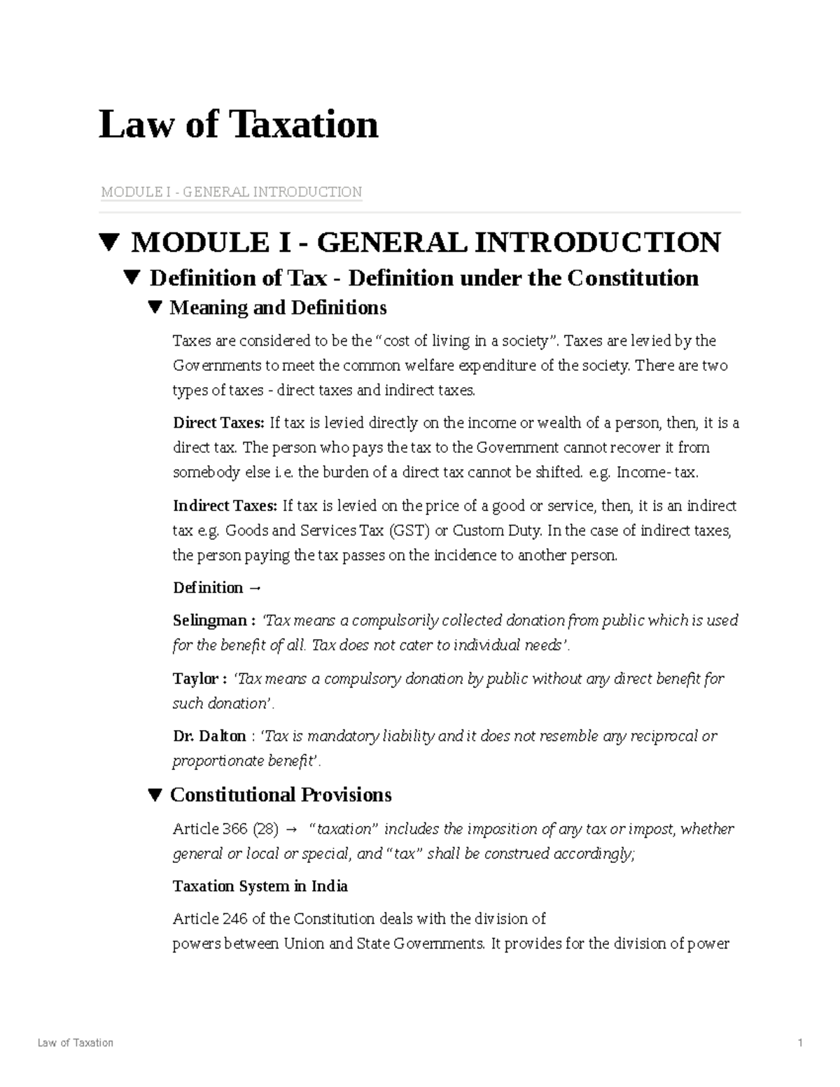 Unit I - Tax Notes - Law of Taxation MODULE I - GENERAL INTRODUCTION ...