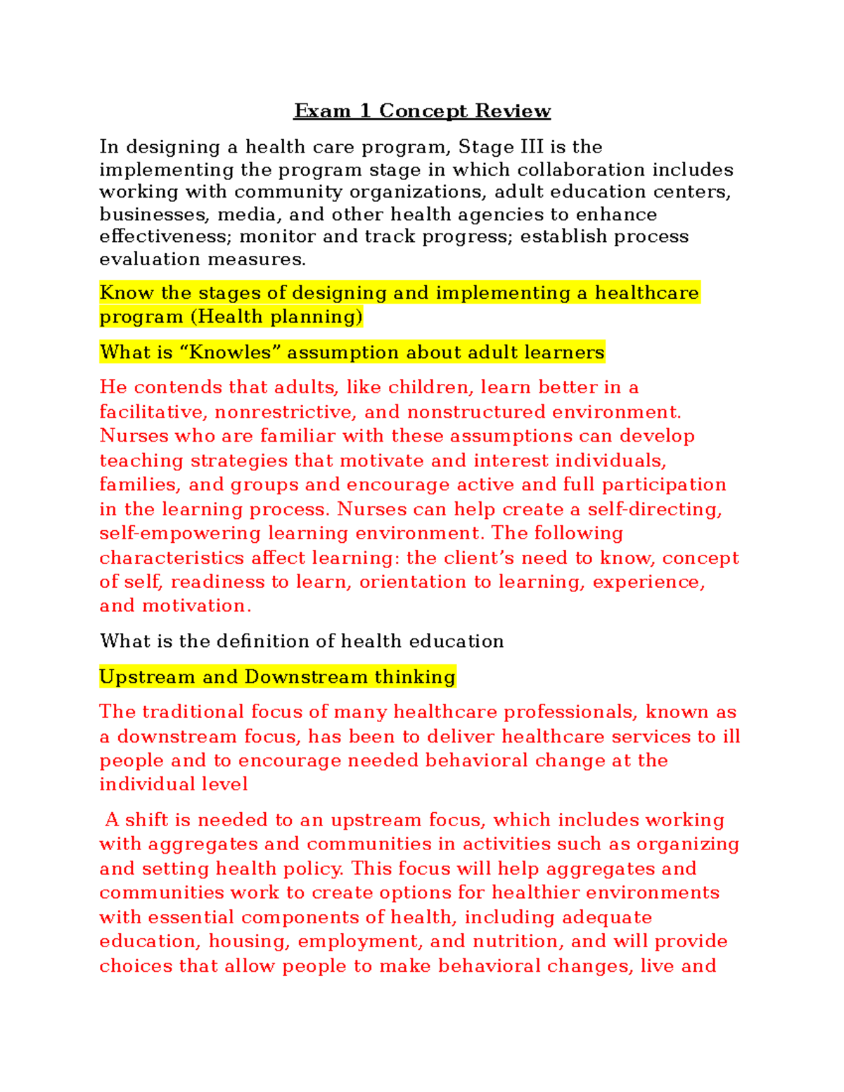 Exam 1 Concept Review-1 - Exam 1 Concept Review In designing a health ...