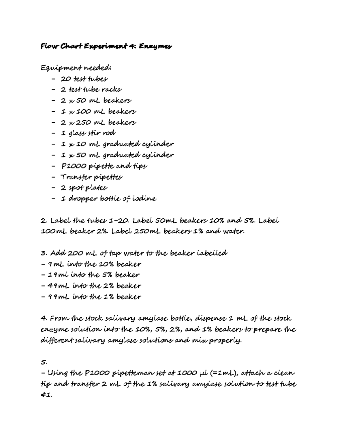 Flowchart + Table - Flow Chart Experiment 4: Enzymes Equipment needed ...