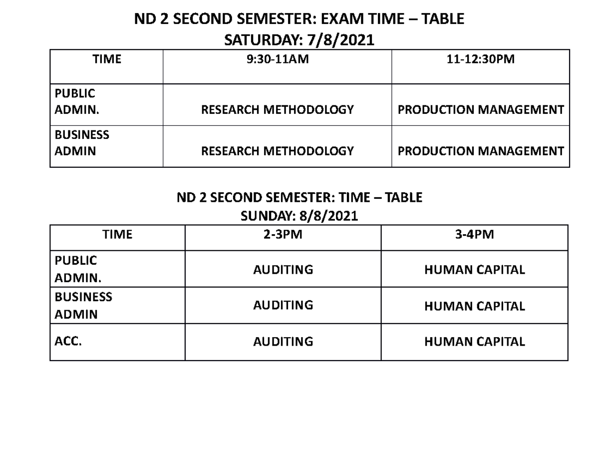 ND 2 Second Semester JULY 2021 EXAM TIME- Table - ND 2 SECOND SEMESTER: EXAM TIME – TABLE ...