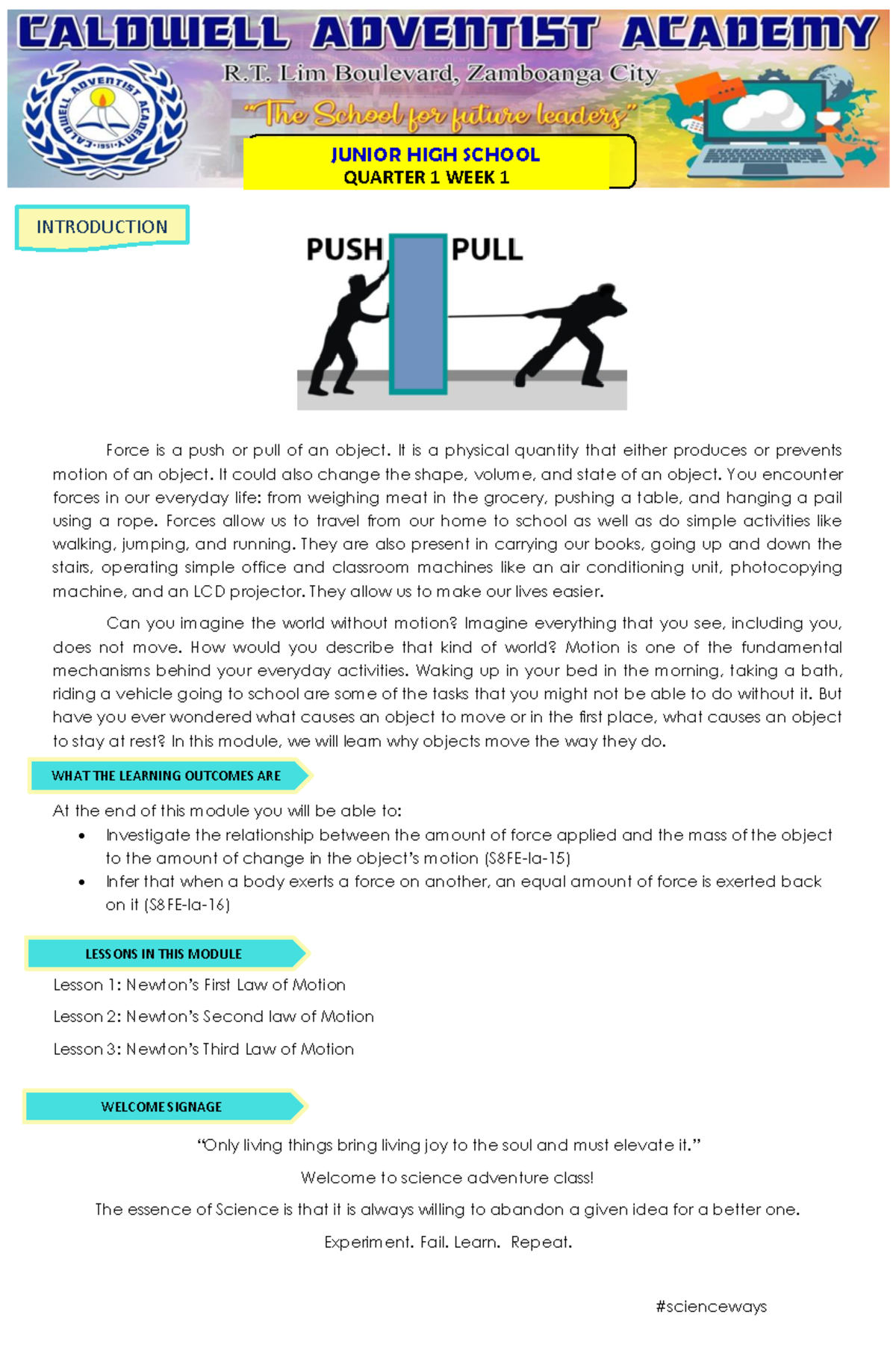 Science 8-Q1W1L1 - Newton's First Law of Motion - JUNIOR HIGH SCHOOL ...