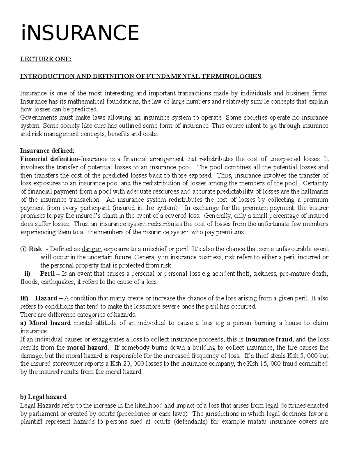 Insurance Notes WORD - Wekesa - iNSURANCE LECTURE ONE: INTRODUCTION AND ...