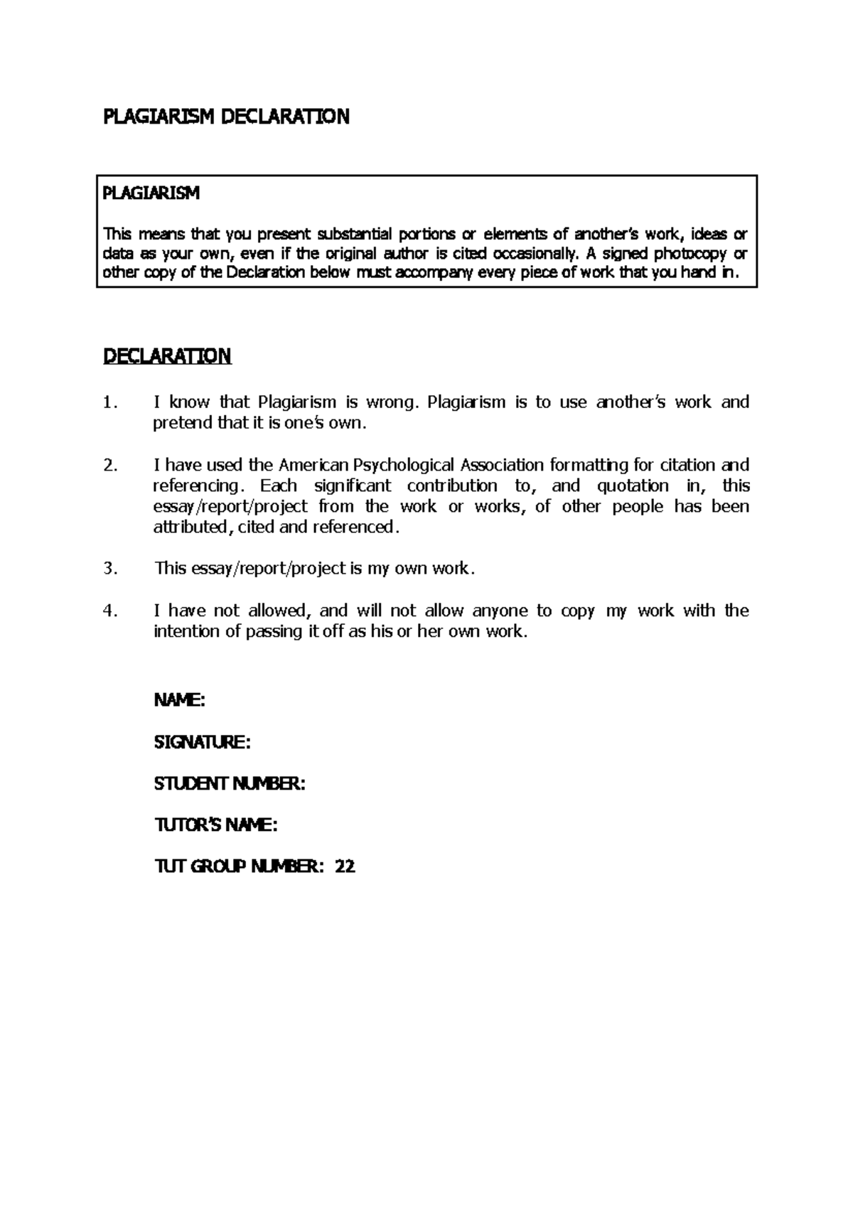 PSY2014 S-Assignment 1 - PLAGIARISM DECLARATION PLAGIARISM This means ...