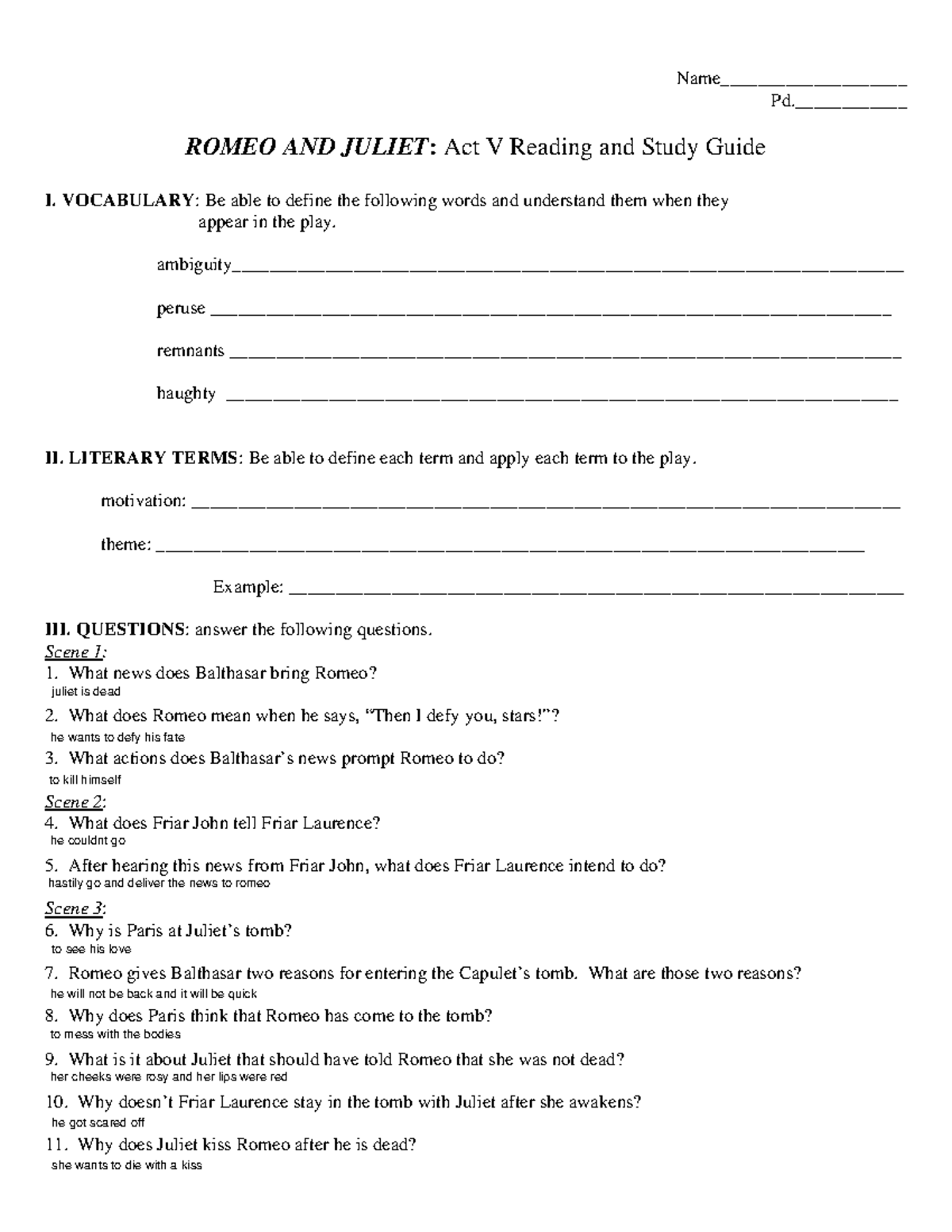 Romeo Act 5 - Name____________________ Pd.____________ ROMEO AND JULIET ...