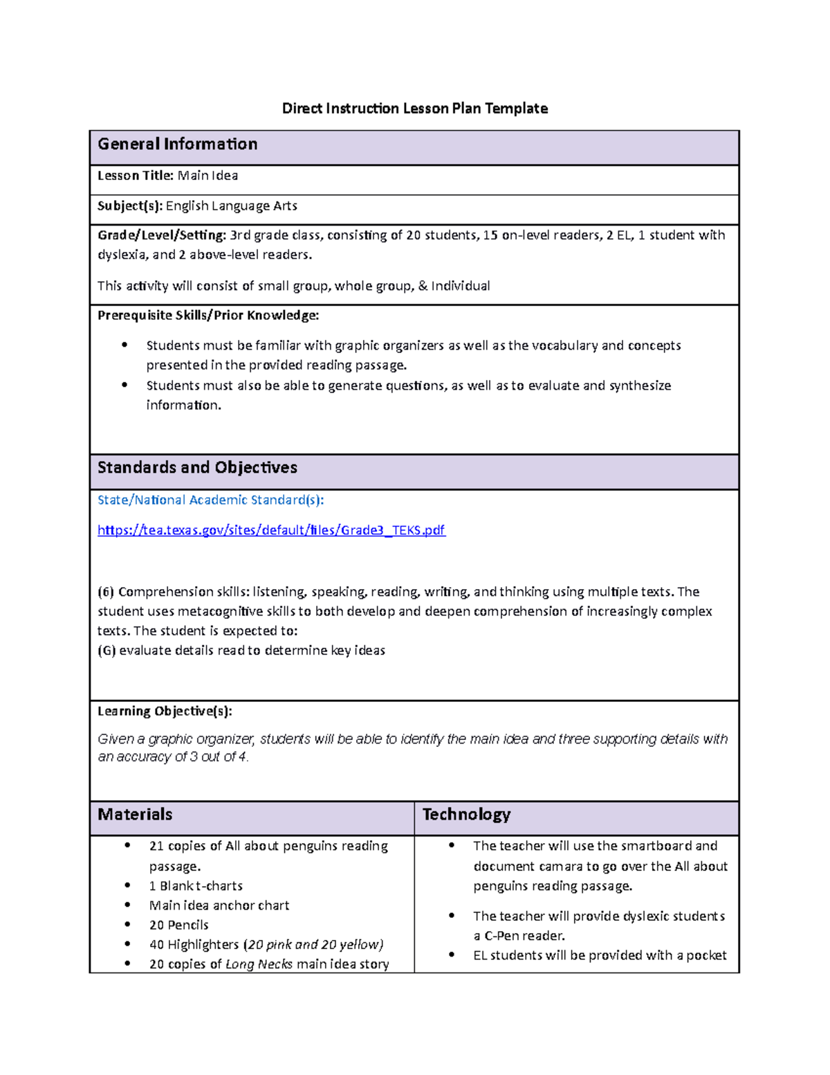 C909 task 1 - Task 1 - Direct Instruction Lesson Plan Template General ...