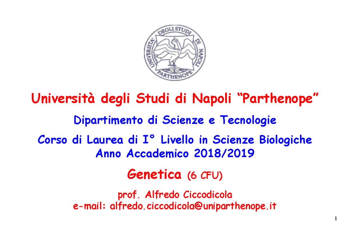 01Genetica 17092018 - 1 Università degli Studi di Napoli “Parthenope ...