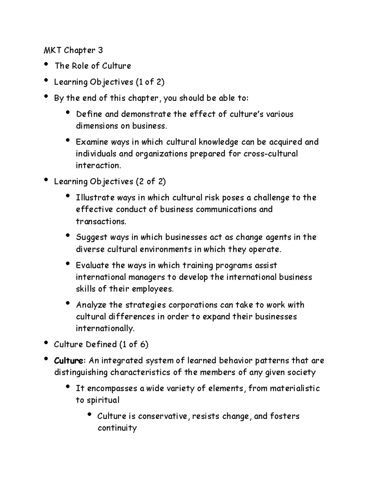 MKT Notes CH 3 - MKT Chapter 3 • The Role of Culture • Learning ...