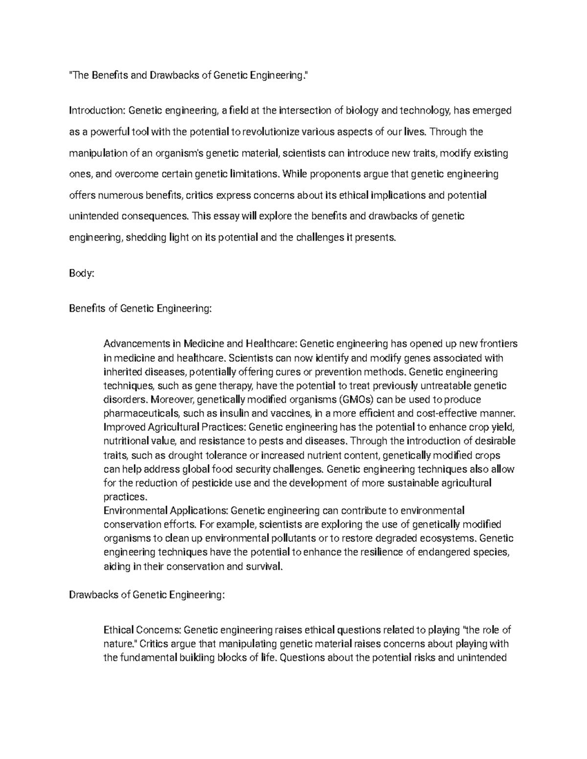 The Benefits and Drawbacks of Genetic Engineering - " Introduction ...