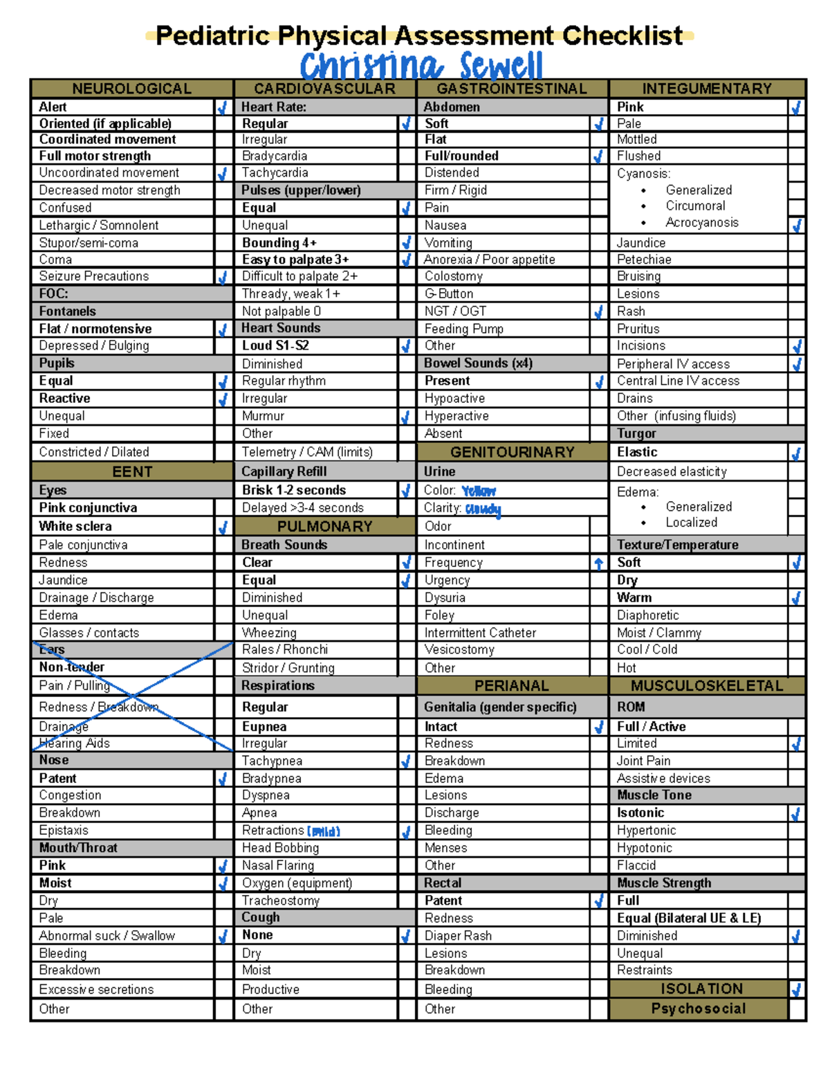 Assessment and Narrative 1 - Pediatric Physical Assessment Checklist ...