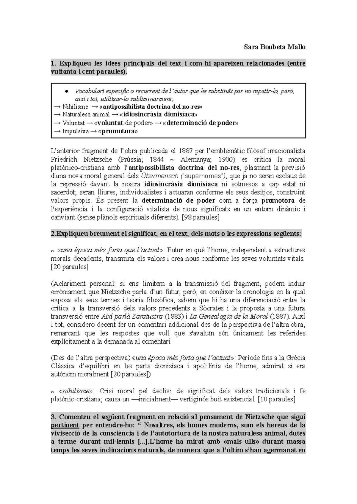 Nietzsche (Comentari de text) - Sara Boubeta Mallo Expliqueu les idees ...