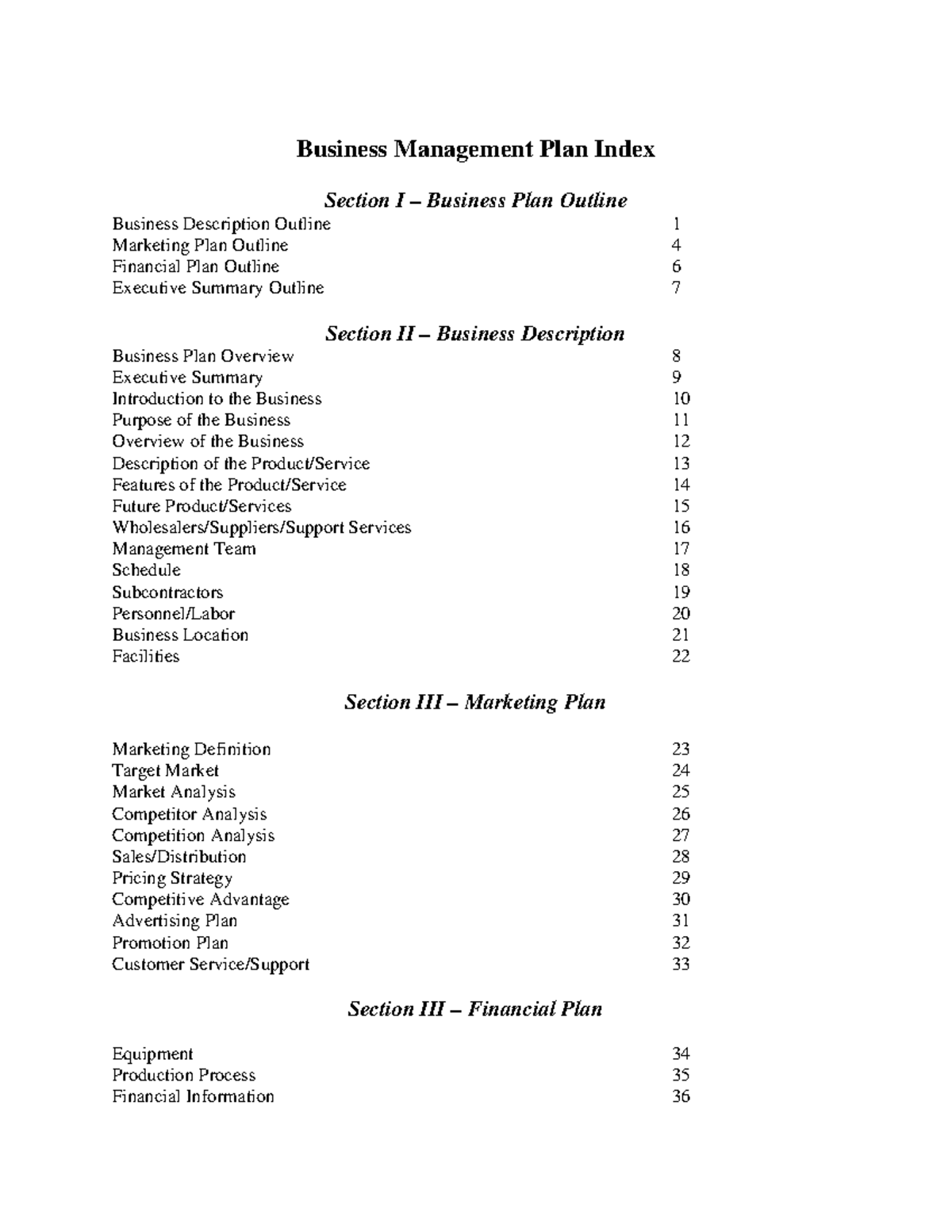 Business Plan Guide 041116 fillable - Business Management Plan Index ...