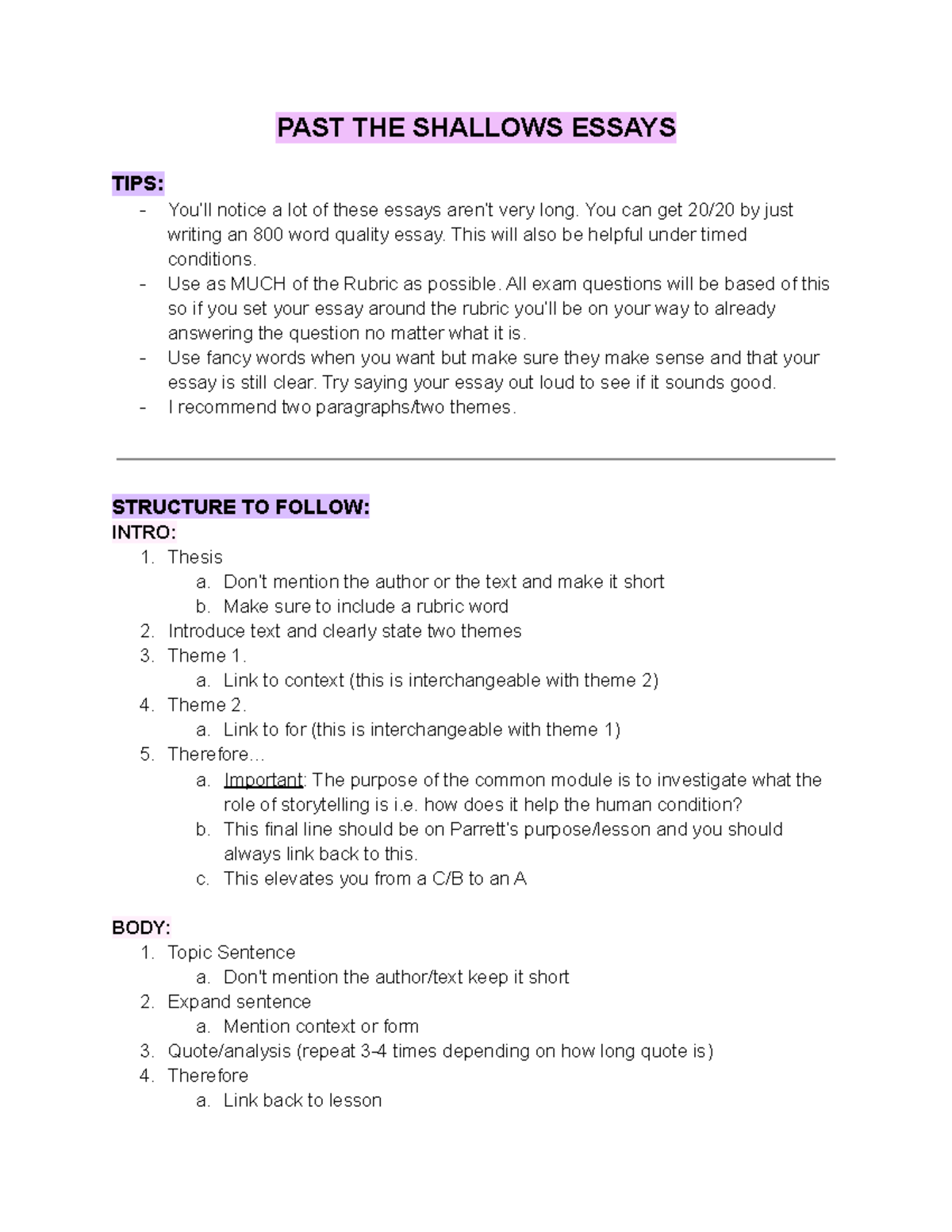 PAST THE Shallows Essays - PAST THE SHALLOWS ESSAYS TIPS: You’ll notice ...