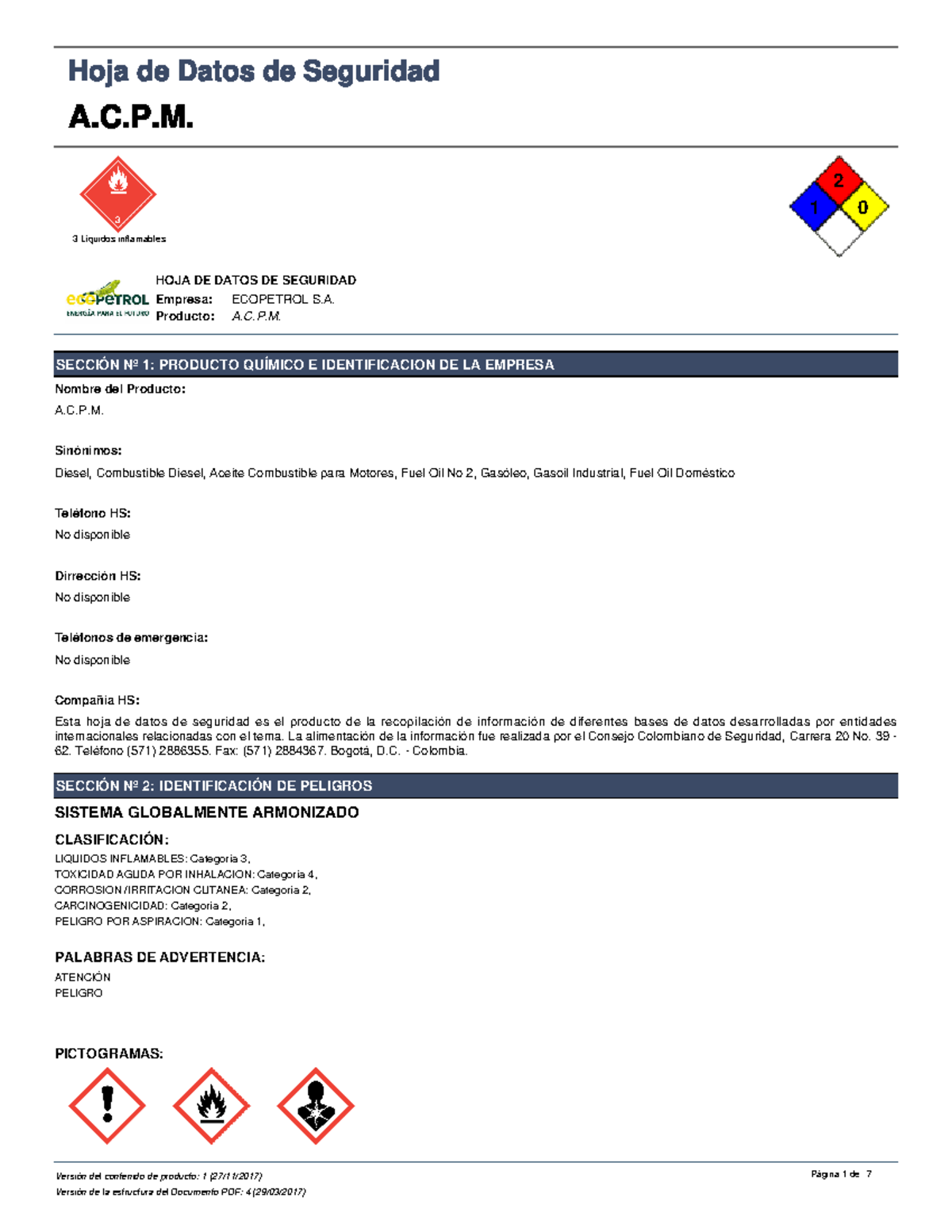 Hoja de seguridad ACPM - kkjkjkj - 2 1 0 3 Líquidos inflamables A.C.P ...
