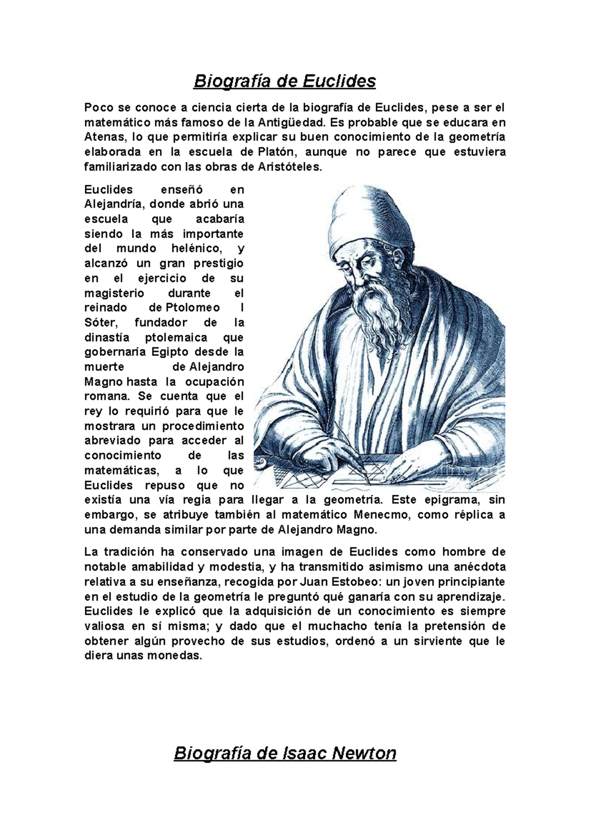 14 Biografías - Biografía de Euclides Poco se conoce a ciencia cierta de la biografía de ...