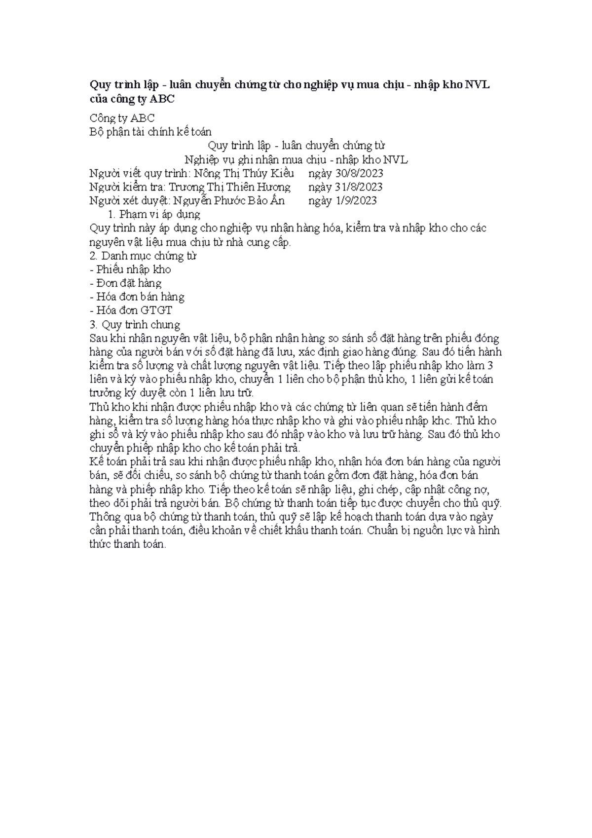 Mua chịu nhập kho NVL CT ABC - Quy trình lập - luân chuyển chứng từ cho nghiệp vụ mua chịu ...