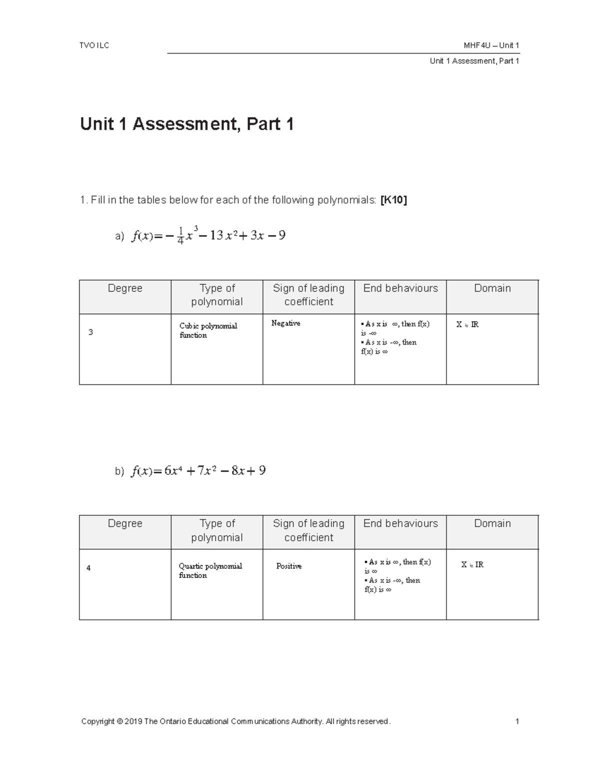 Unit 1- Assign 1, Part 1 - understanding of the math grade 12 ...