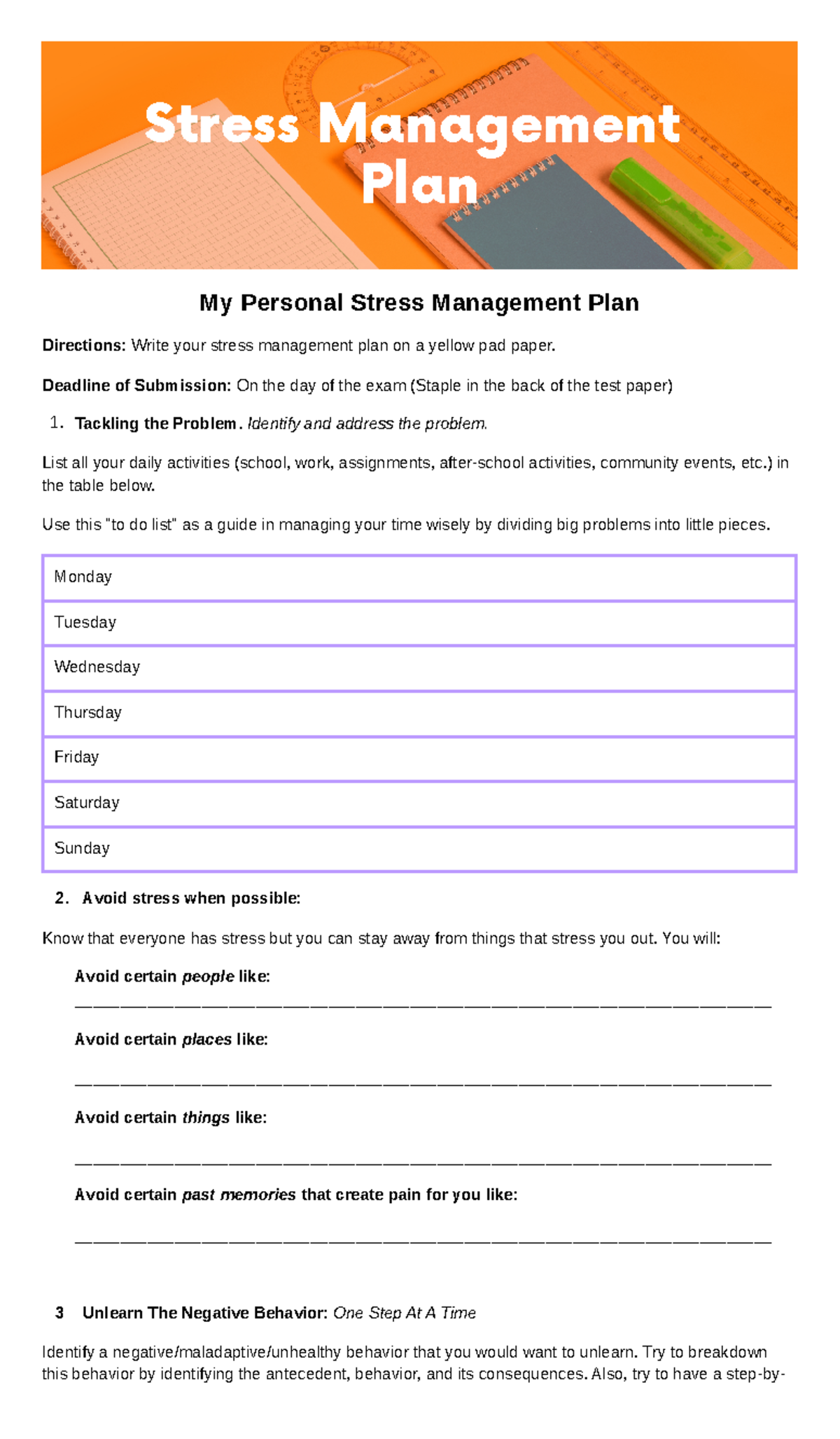 My Personal Stress Management Plan - My Personal Stress Management Plan ...