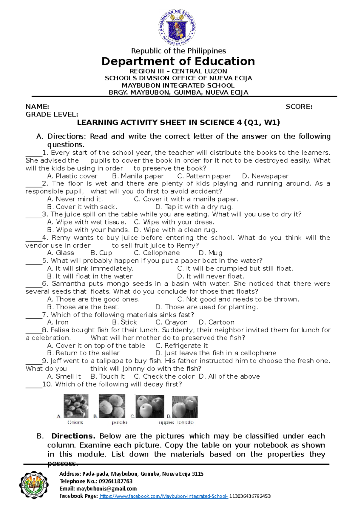 SAMPLE ACTIVITY SHEET FOR LEARNERS IN LINE WITH DISTANCE LEARNING ...