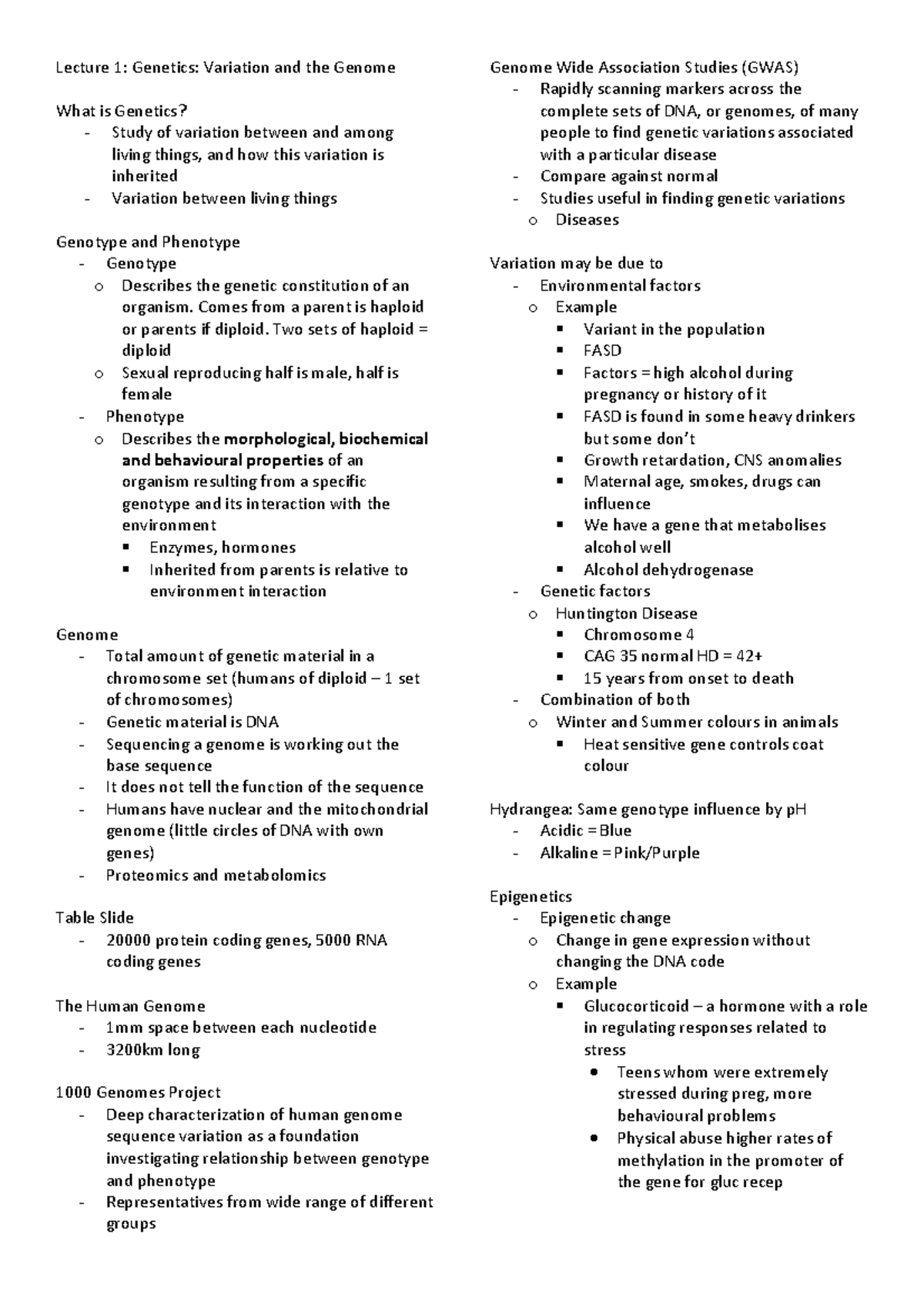 BIOL10005 - All Lecture Notes - Lecture 1: Genetics: Variation and the ...