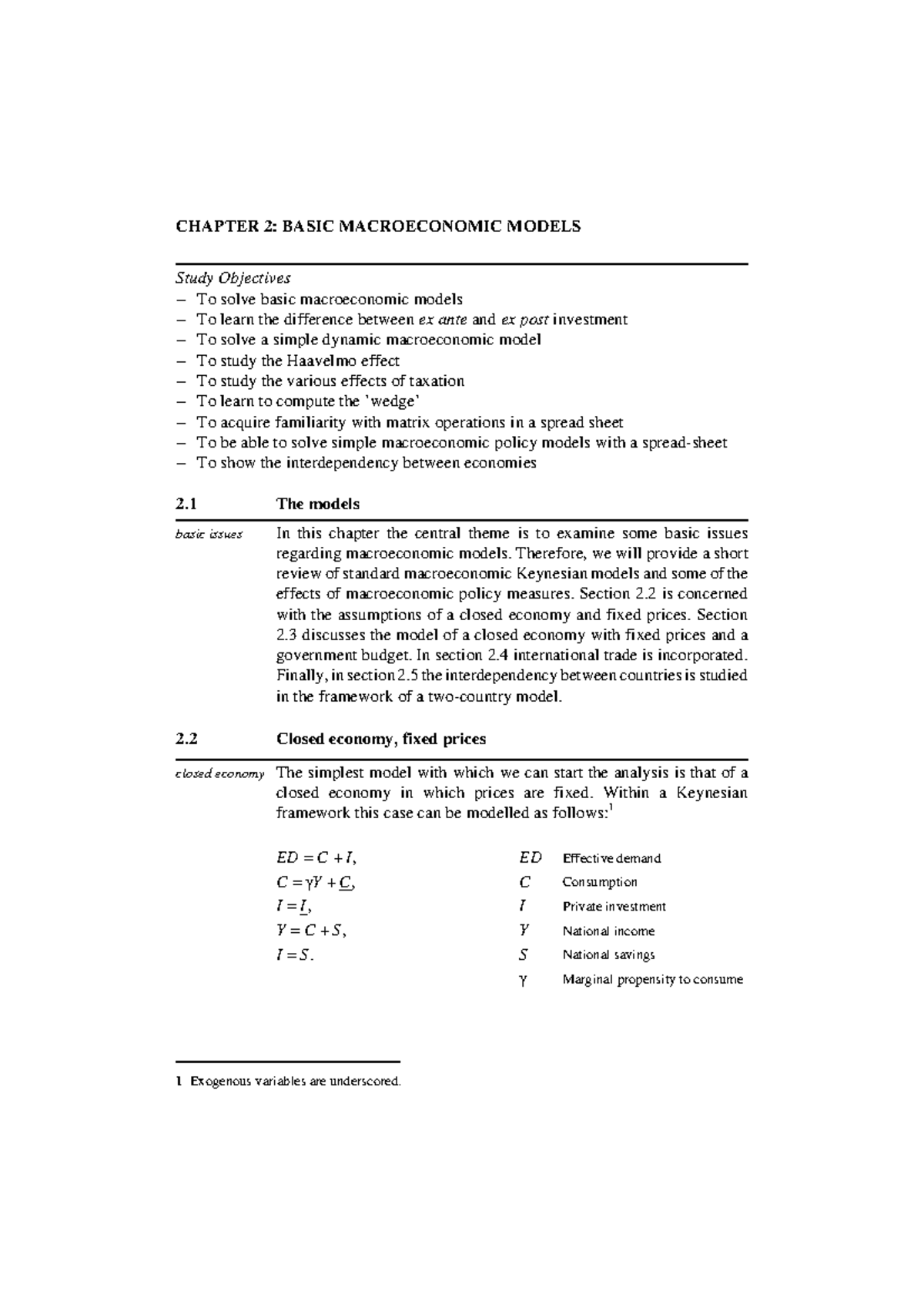 Macroeconomics Models - CHAPTER 2: BASIC MACROECONOMIC MODELS Study Objectives To solve basic ...