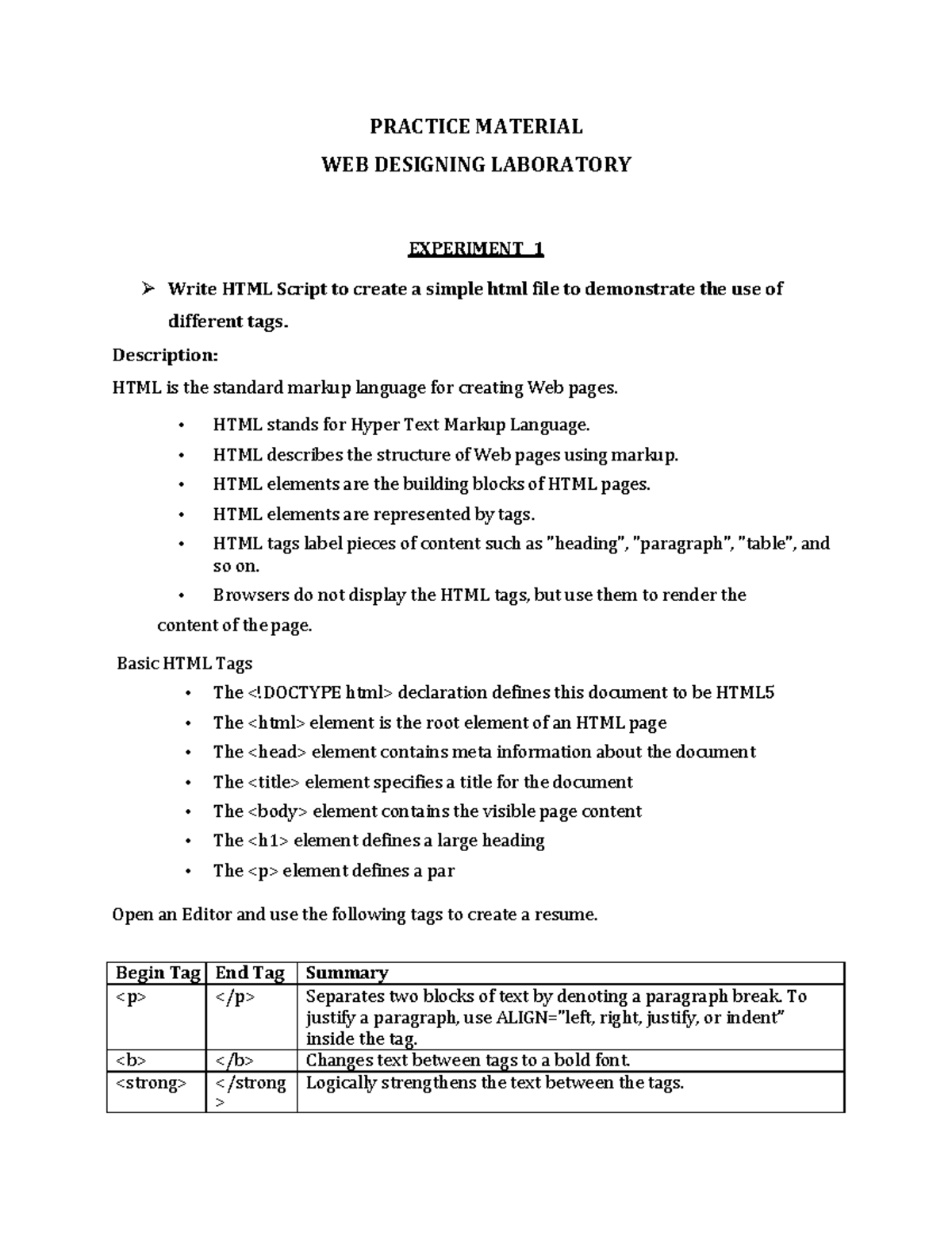 PRACTICE MATERIAL WEB DESIGNING LABORATORY - PRACTICE MATERIAL WEB ...