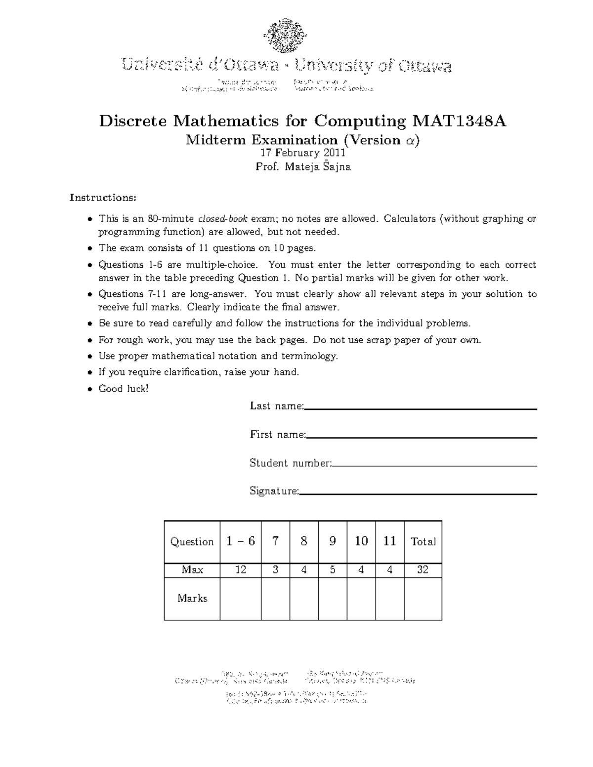 Midterm 11 - Discrete Mathematics for Computing MAT1348A Midterm ...
