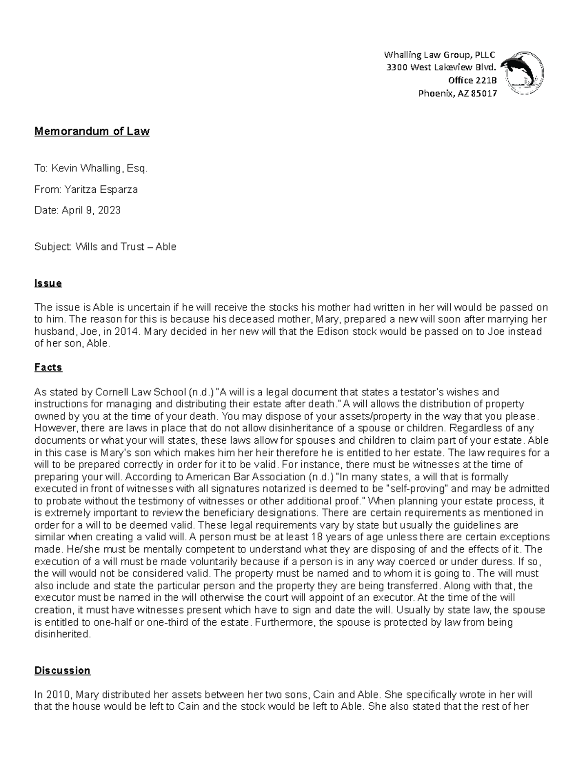 GOV360 Topic 6 Memorandum of Law - Whalling Law Group, PLLC 3300 West ...