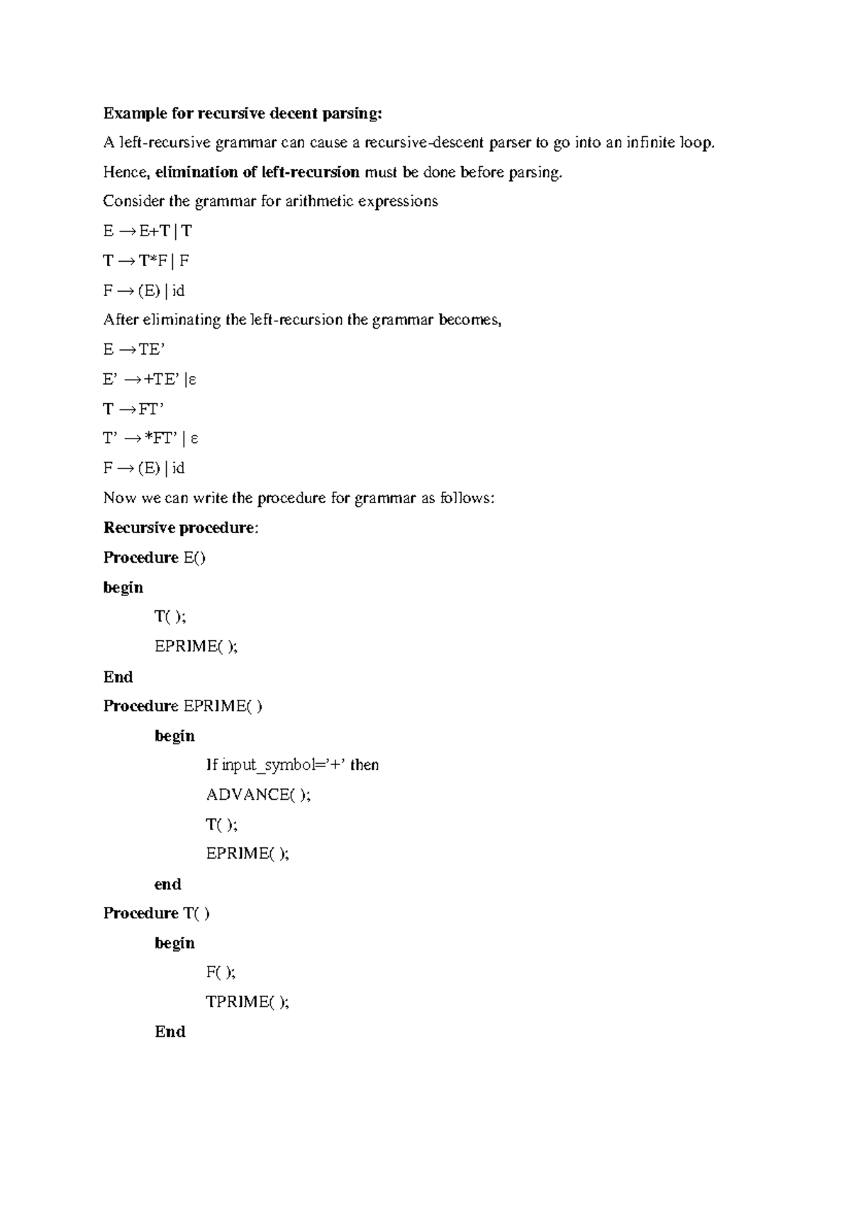 Recursive Decent Parsing Hence Elimination Of Left Recursion Must Be