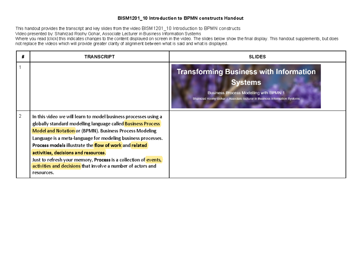 BISM1201 10 Introduction to BPMN Constructs Handout - Warning: TT: undefined function: 32 ...