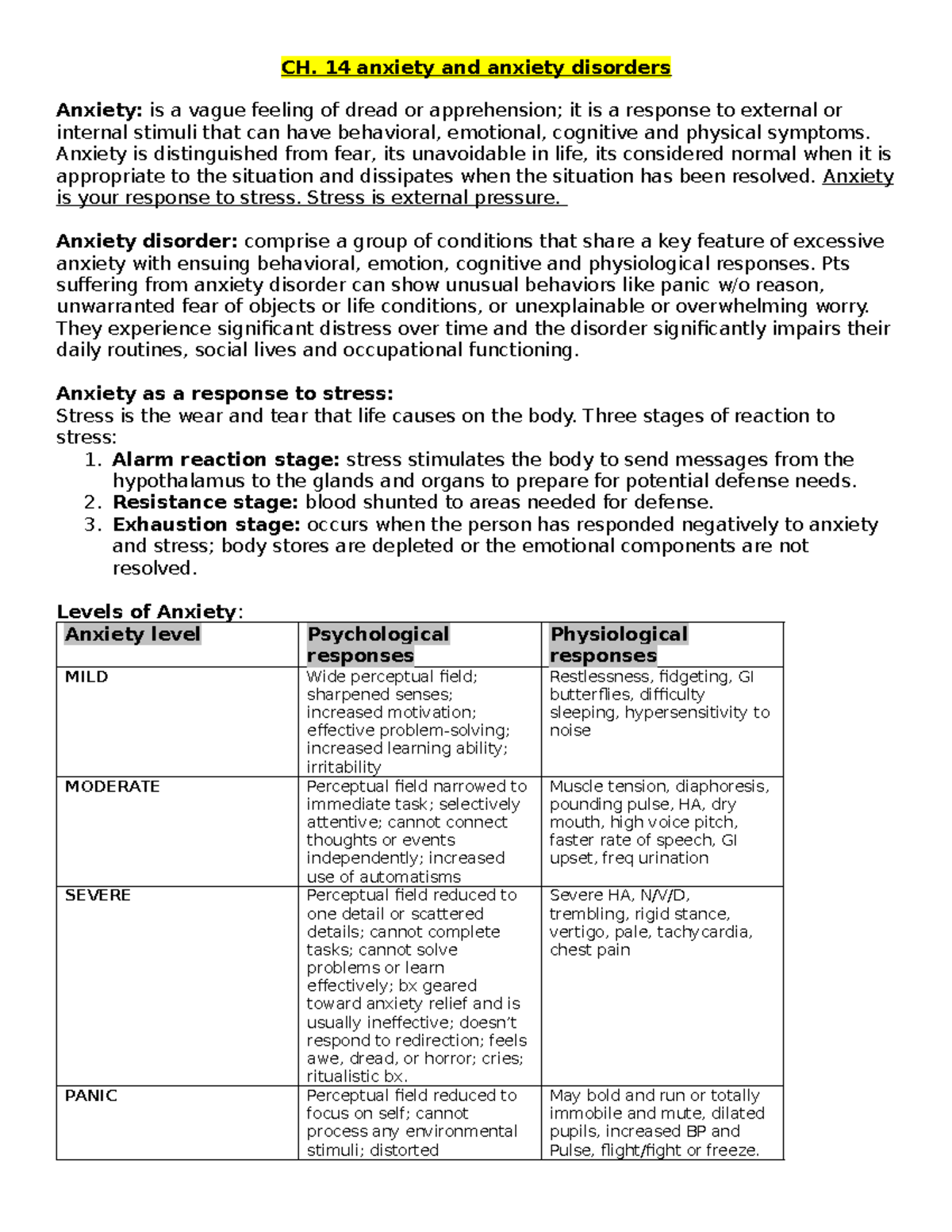 Notes on ch 14 anxiety and anxiety disorder - CH. 14 anxiety and ...
