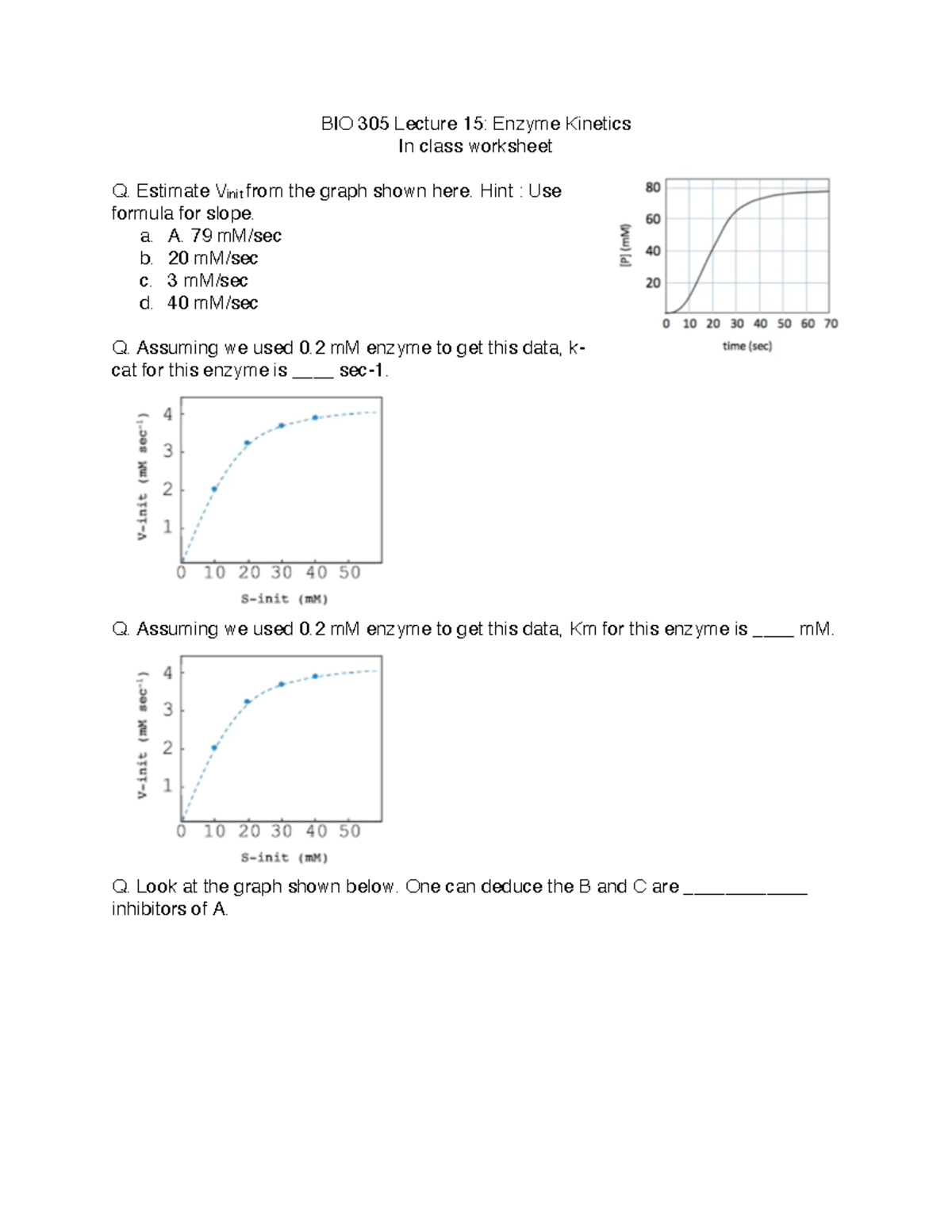 Lecture 15 Enzyme Kinetics - BIO 305 Lecture 15 : Enzyme Kinetics In ...