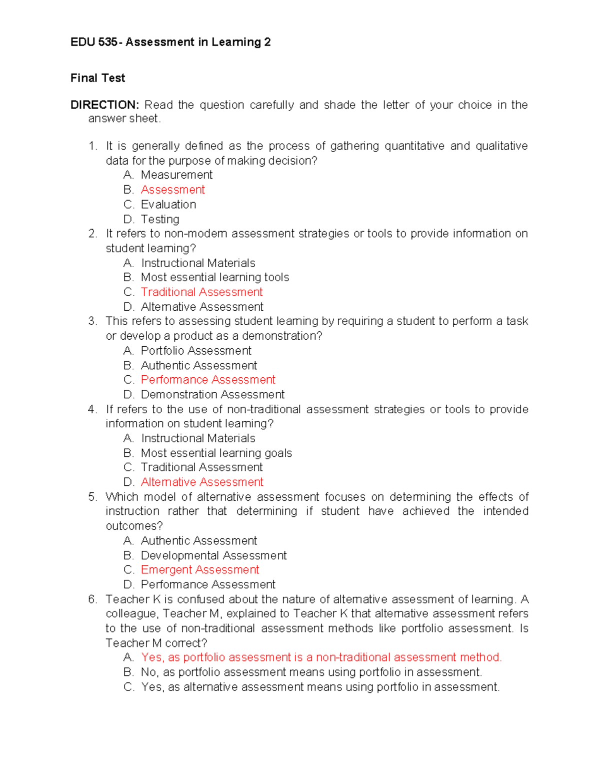 663164221 EDU 535 Assessment in Learning 2 - Final Test DIRECTION: Read ...