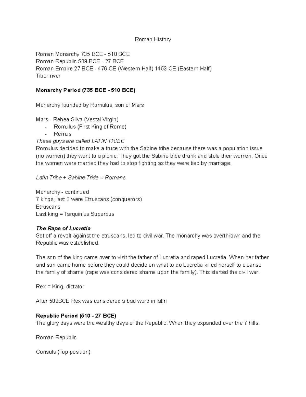 11 9 - Notes - Roman History Roman Monarchy 735 BCE - 510 BCE Roman ...