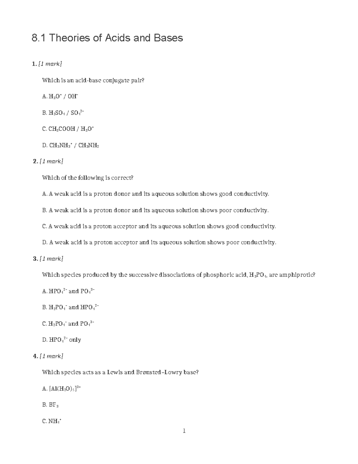 8.1 Theories of Acids and Bases - 8 Theories of Acids and Bases [1 mark ...