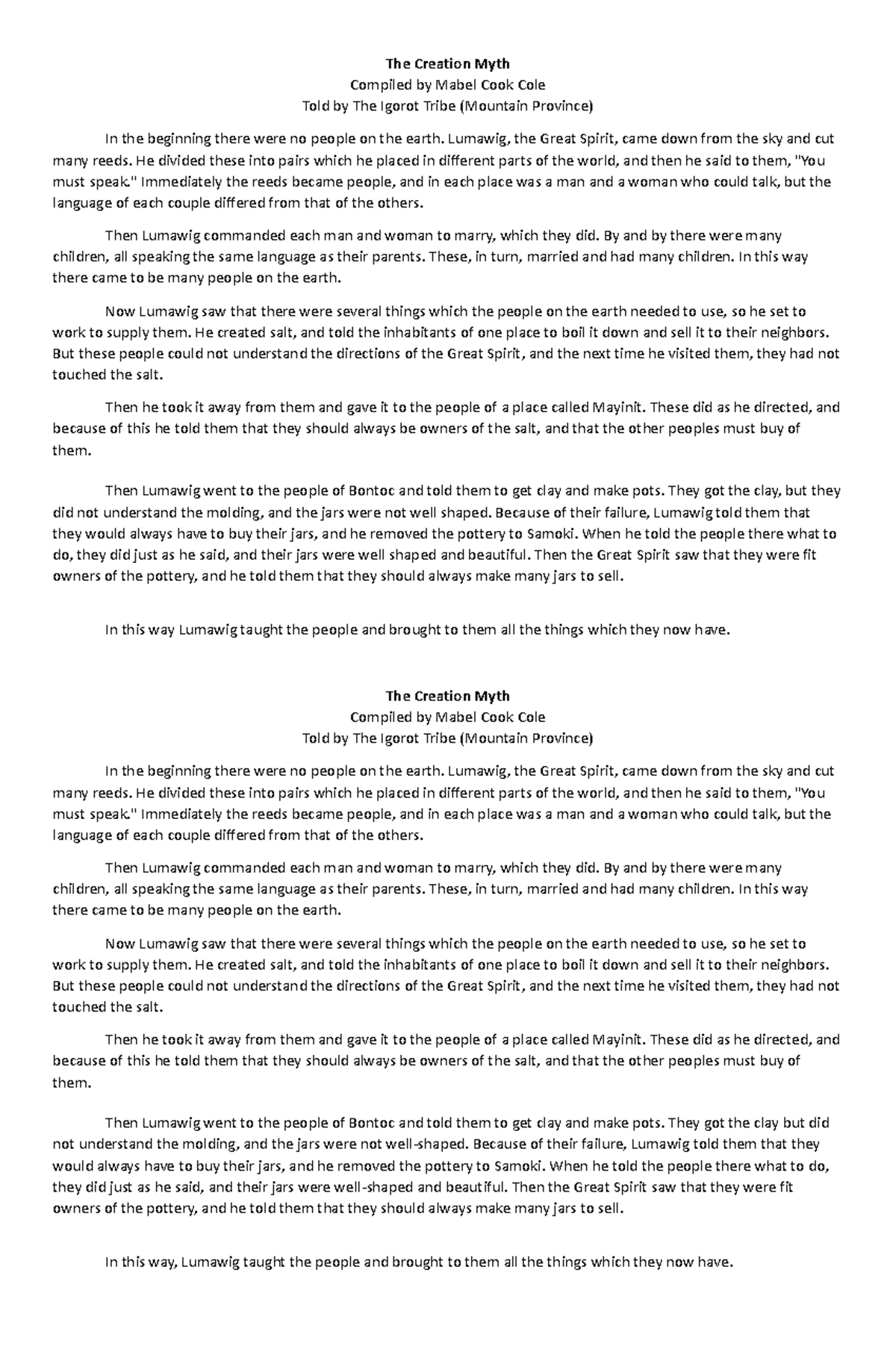 Document 1 - Stories - Compiled by Mabel Cook ColeThe Creation Myth ...