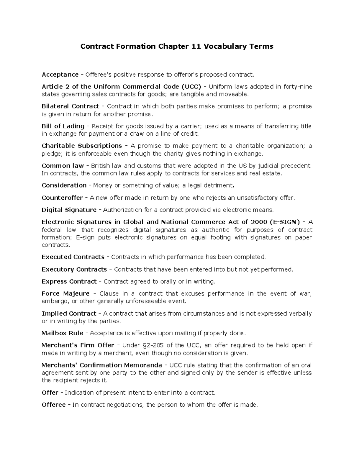 Contract Formation Chapter 11 Vocabulary Terms - Article 2 of the Uniform Commercial Code (UCC ...