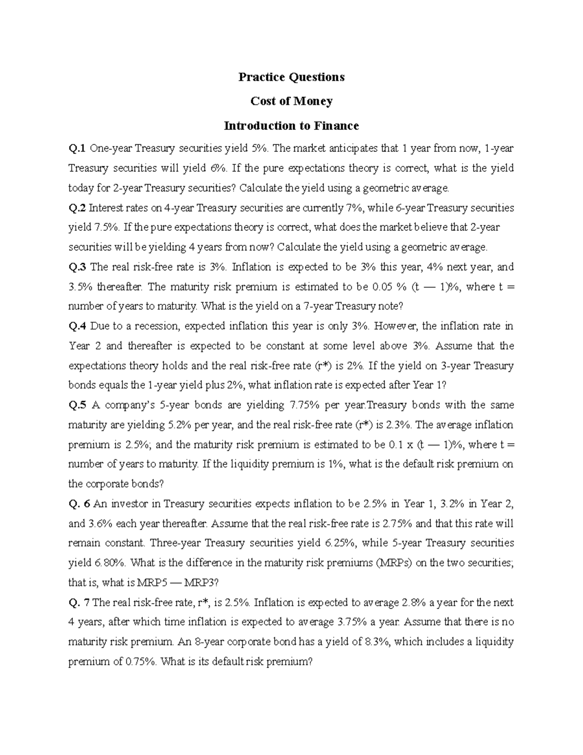 Practice Questions - Cost of Money - FOF - Practice Questions Cost of ...