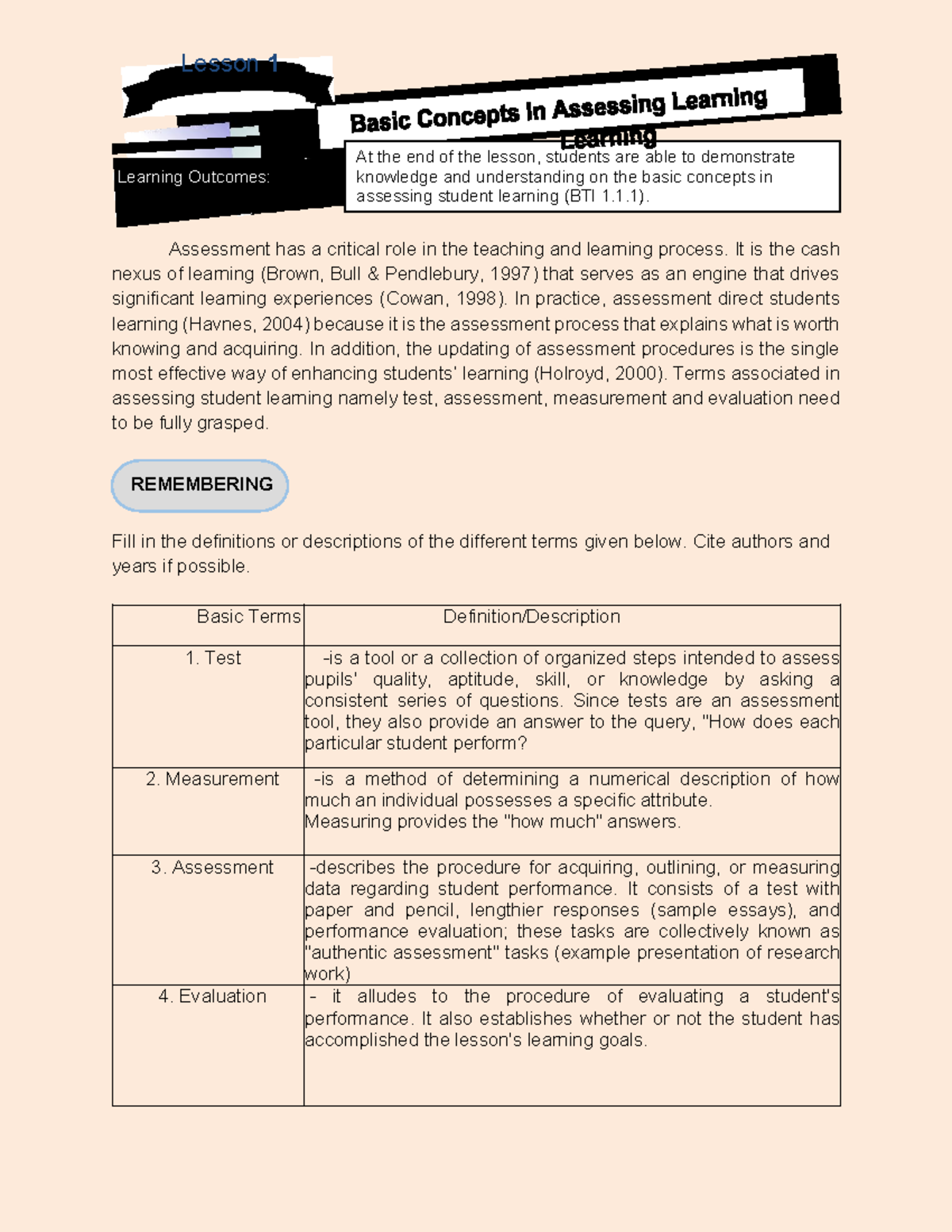 - Lesson- Basic-Concepts-in-Assessing-Student-Learning - Student REMEMBERING Assessment has a ...