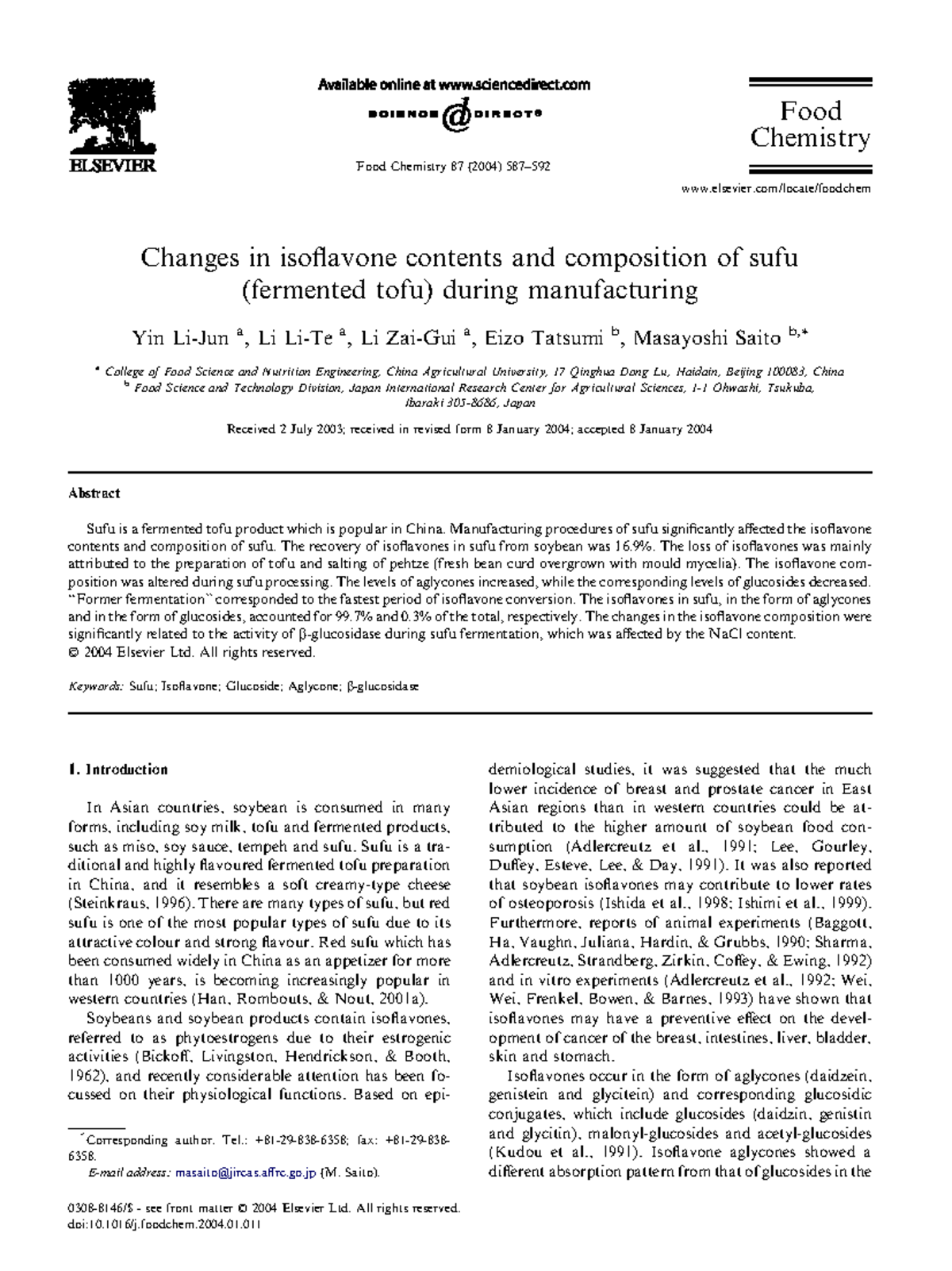 Changes in isoflavone contents and composition of sufu (fermented tofu ...