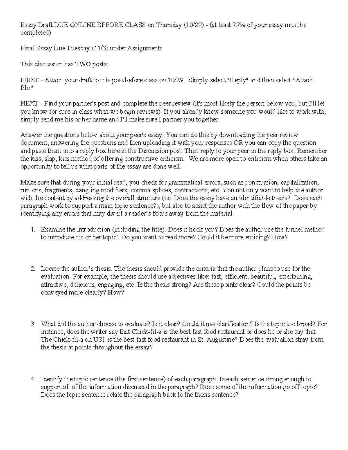 Peer Review Questions for Evaluation Essay - Essay Draft DUE ONLINE ...