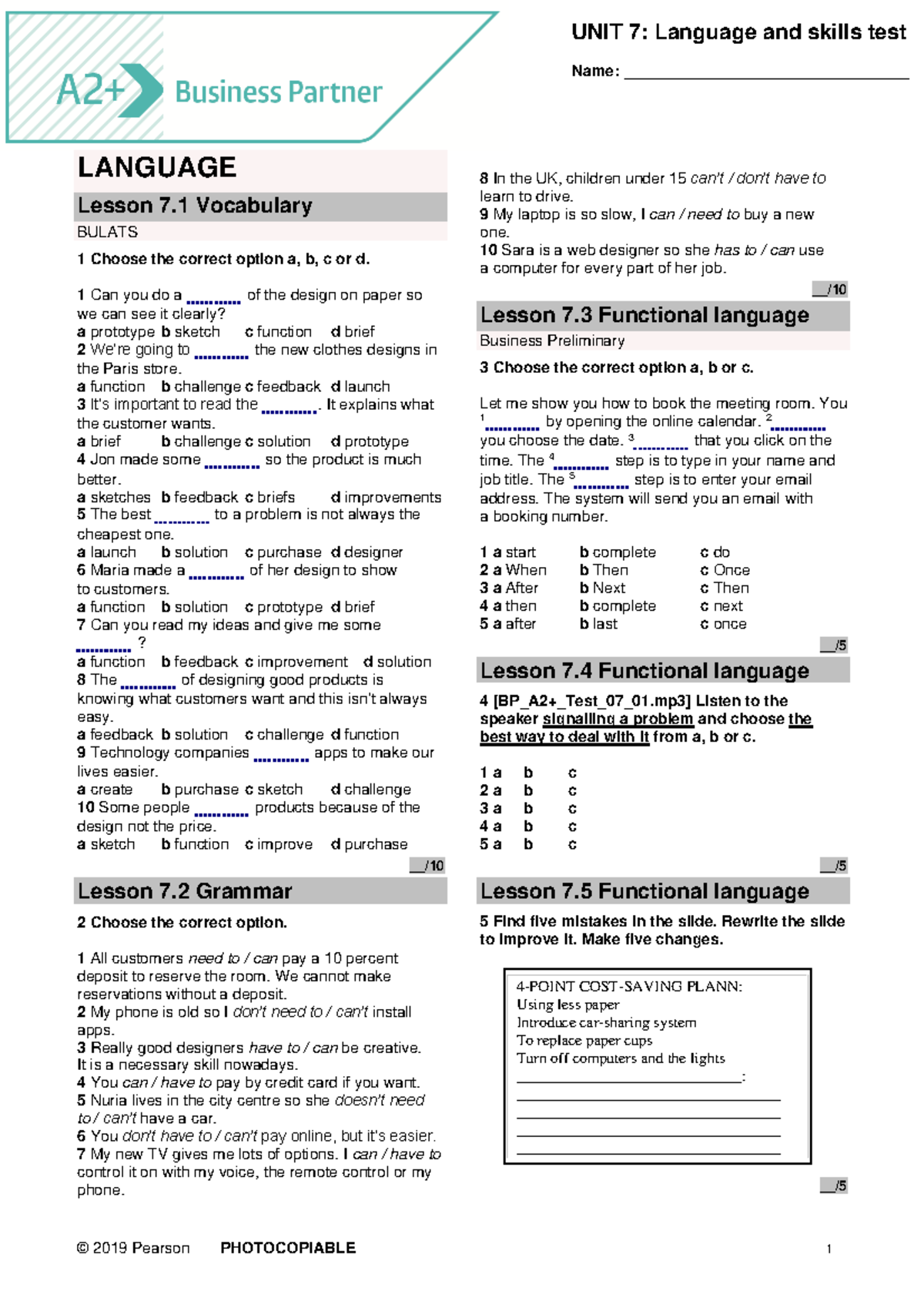 UNIT 7 - Tiếng anh - Name: _________________________________ LANGUAGE ...