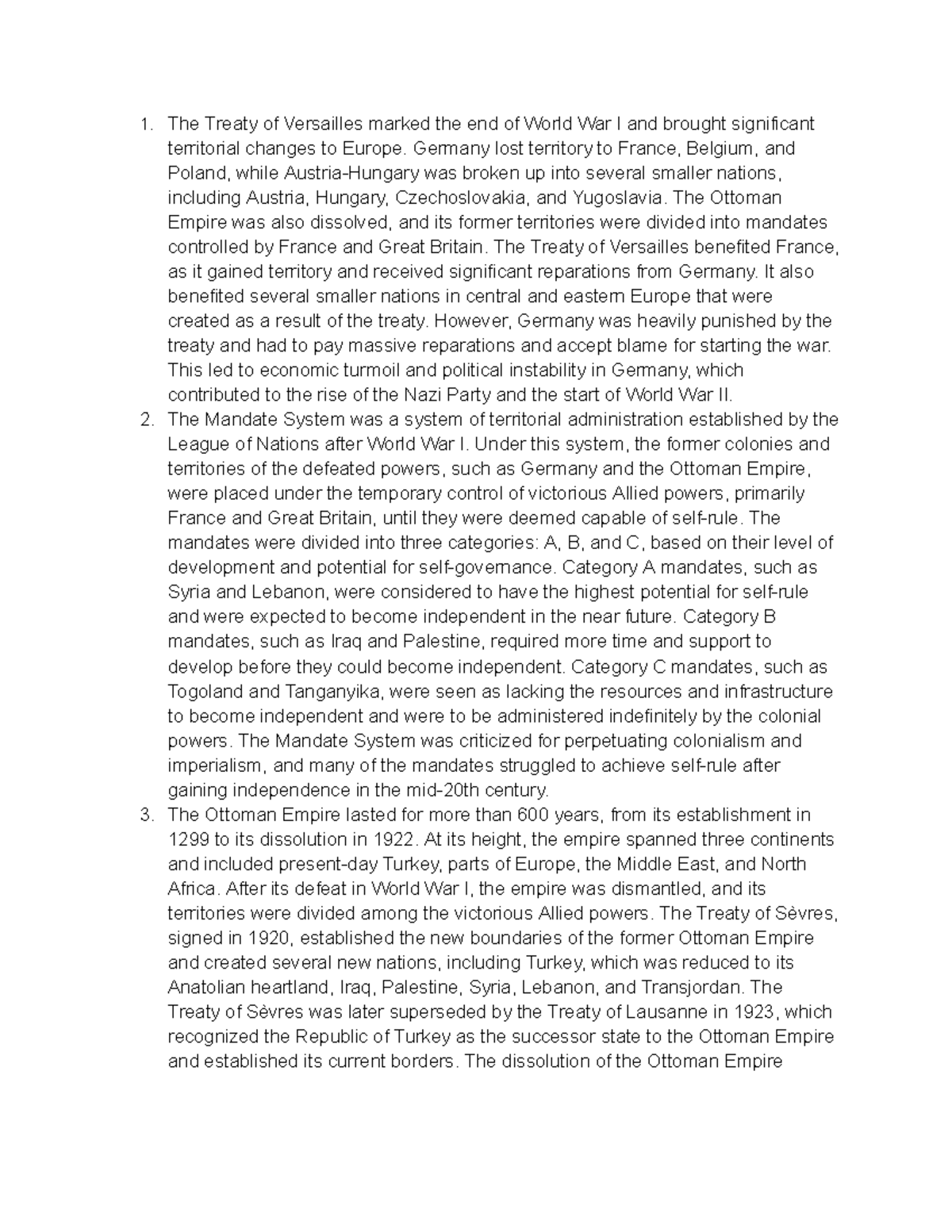 Post WW1 - notes for class - The Treaty of Versailles marked the end of ...