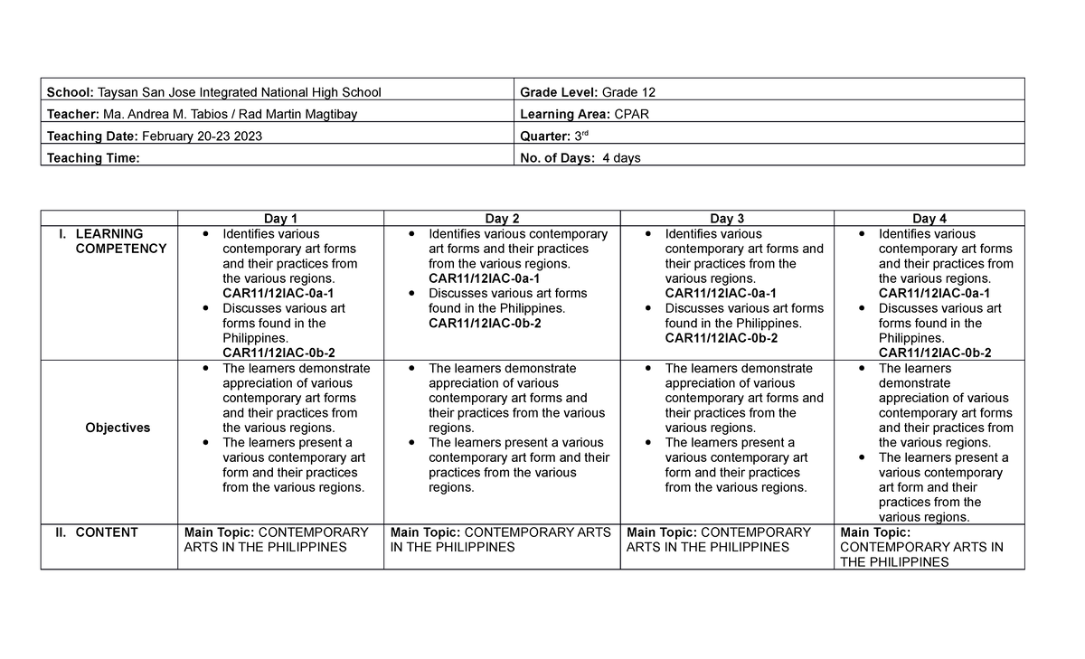 WEEK 2 Detailed Lesson PLAN CPAR - School: Taysan San Jose Integrated ...