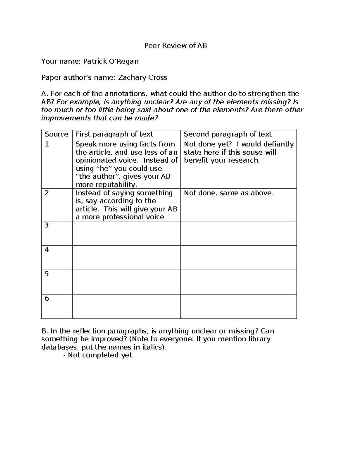 peer review ifoijfa fd fid ps - Peer Review of AB Your name: Patrick O ...